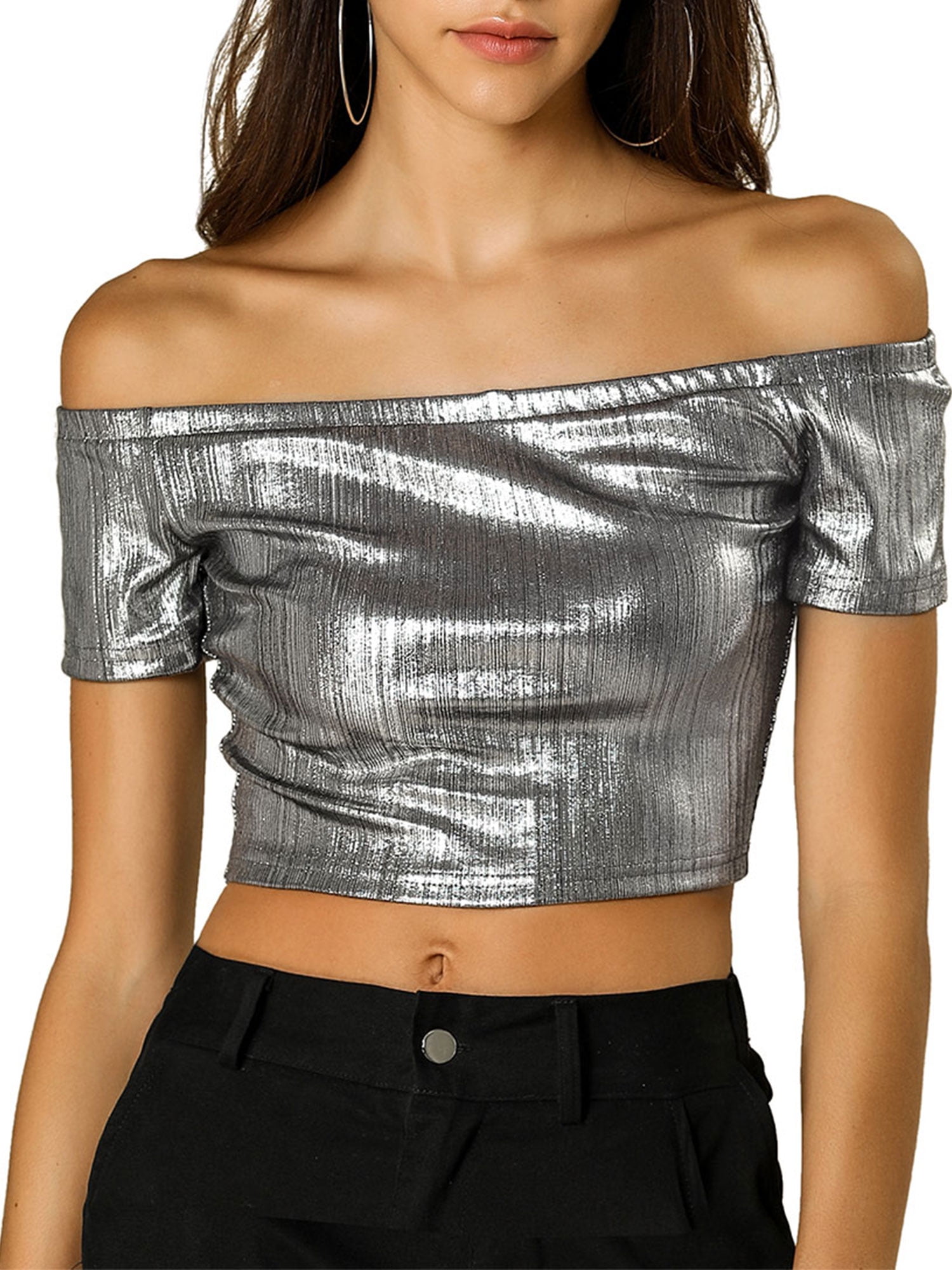 MODA NOVA Junior's Off Shoulder Party Club Slim Fit Shiny Metallic Crop ...