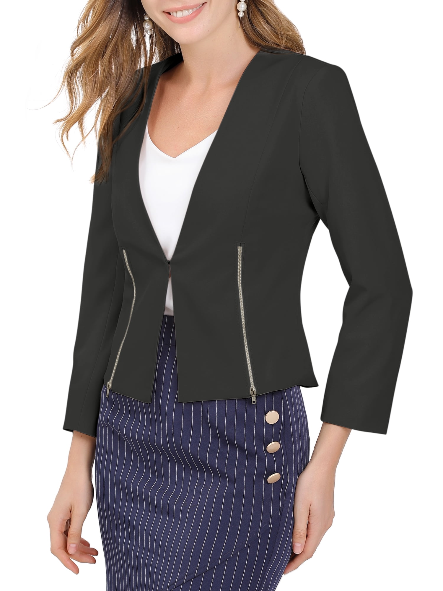 MODA NOVA Junior's Open Front Zipper Collarless Solid Cropped Blazer ...