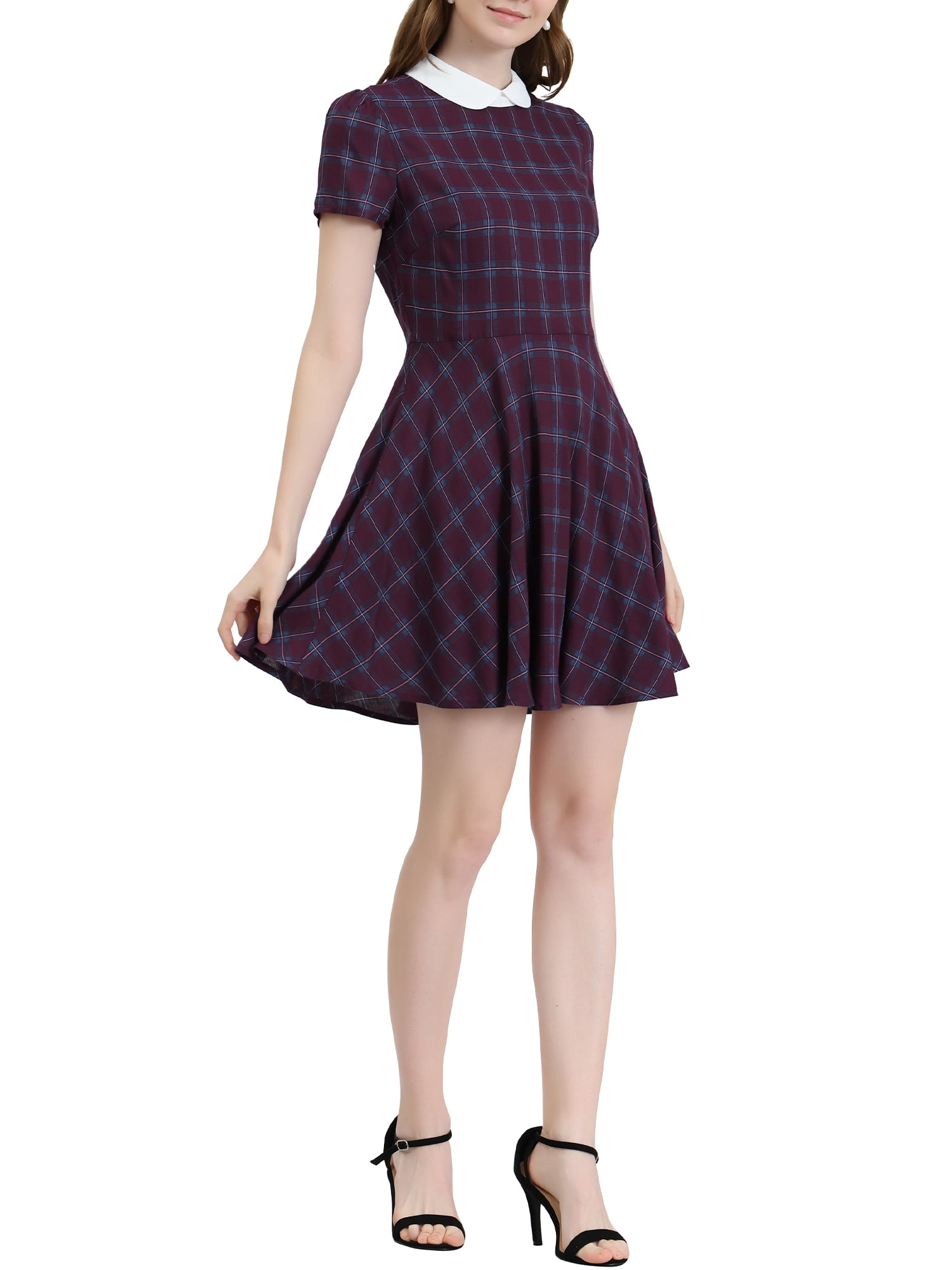 MODA NOVA Junior's Peter Pan Collar Puff Sleeves Above Knee Plaid Grid ...