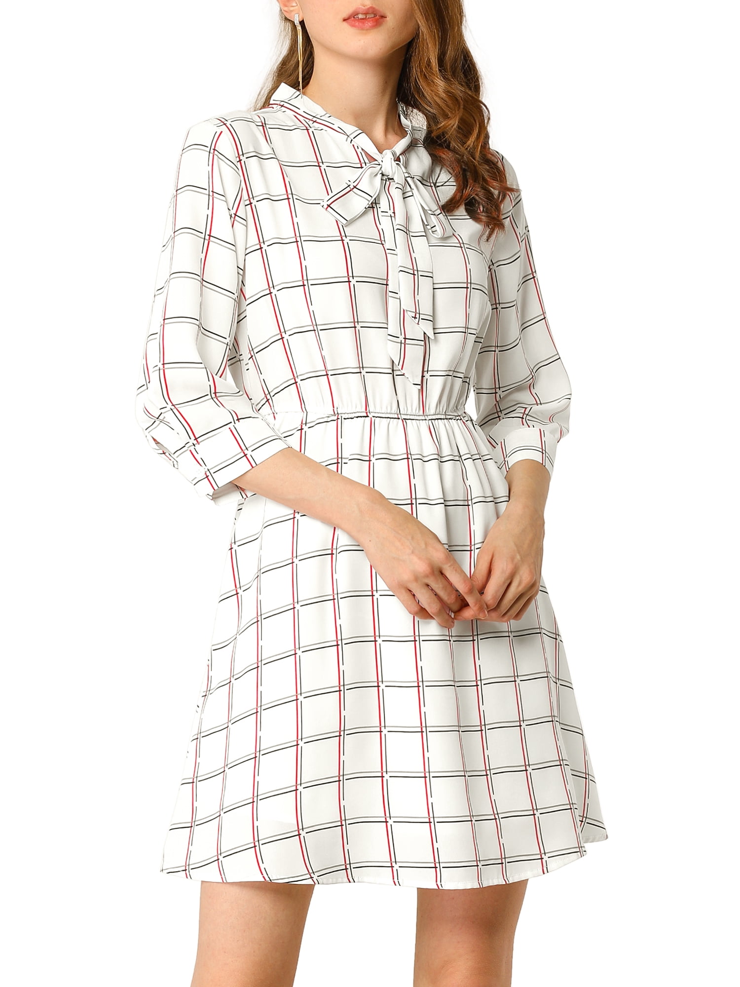 Allegra K Junior's Plaids Tie-Bow Neck 3/4 Sleeves Above Knee Dresses ...