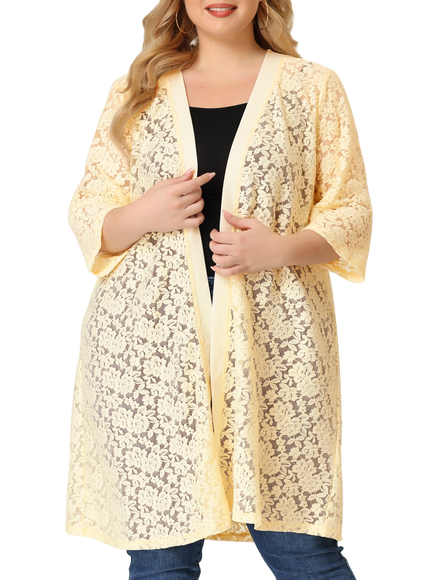MODA NOVA Junior's Plus Cardigan Lace Open Front 3/4 Sleeve Bolero ...