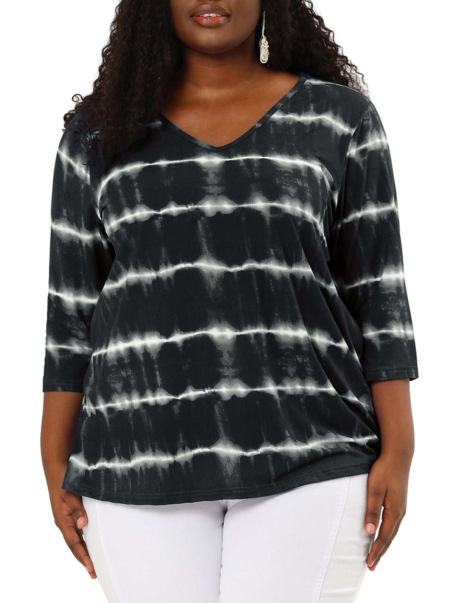 MODA NOVA Juniors Plus Size Tie Dye Stripe V Neck 3/4 Sleeve Side Slit ...