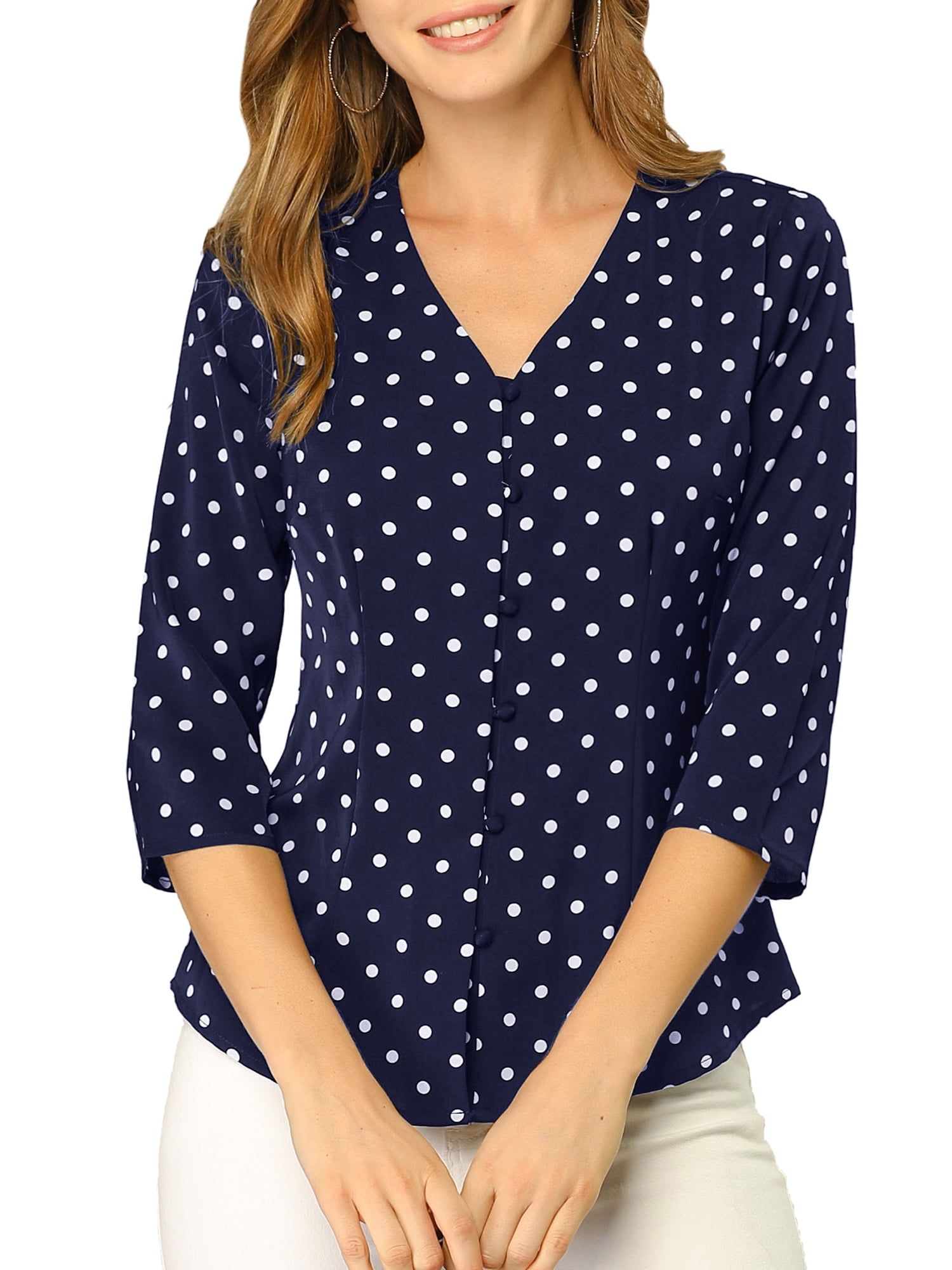 MODA NOVA Junior's Polka Dots 3/4 Sleeve V Neck Button Front Vintage ...