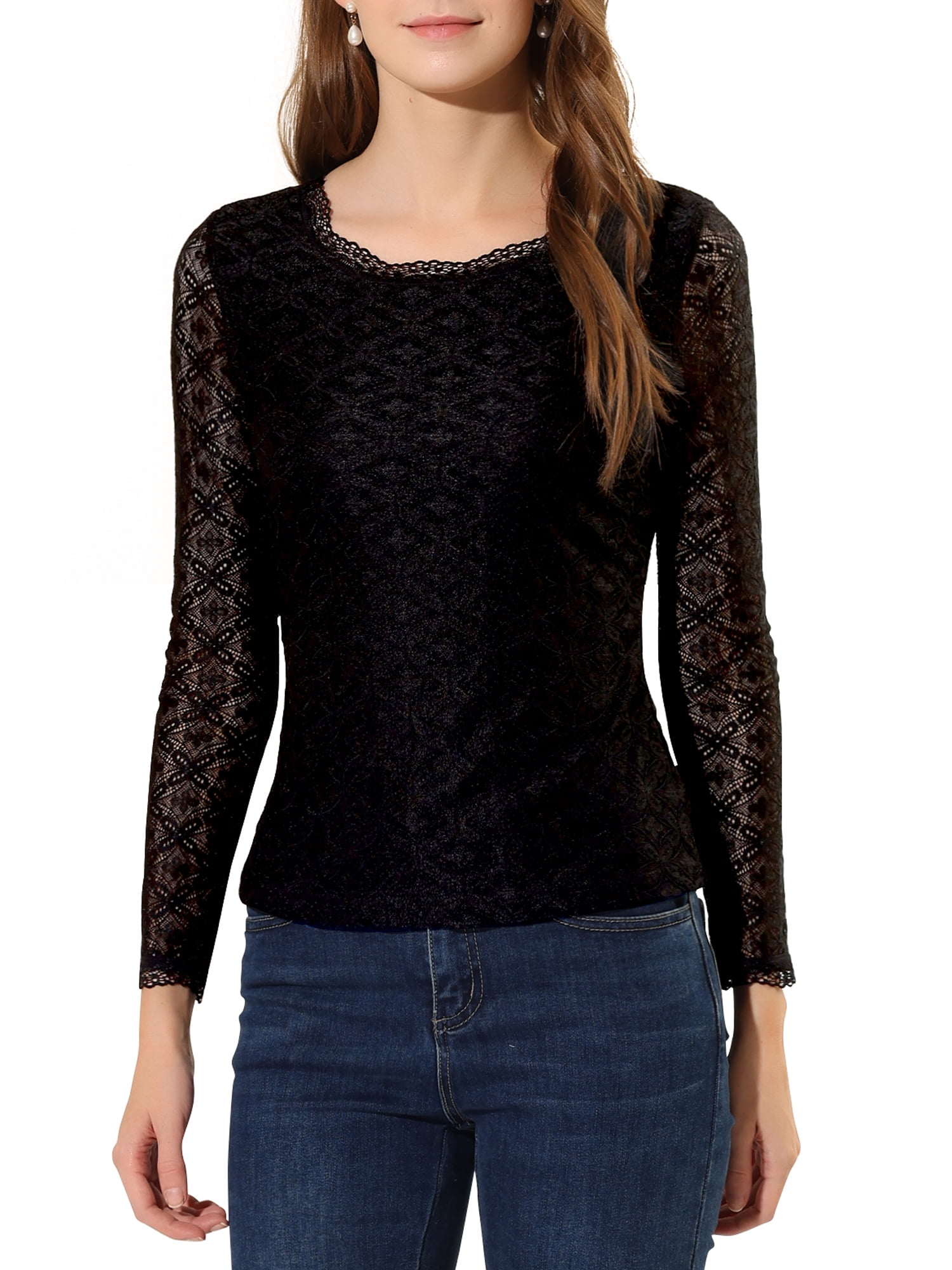 MODA NOVA Junior's Round Neck Long Sleeves Sheer Flower Embroidery Lace ...