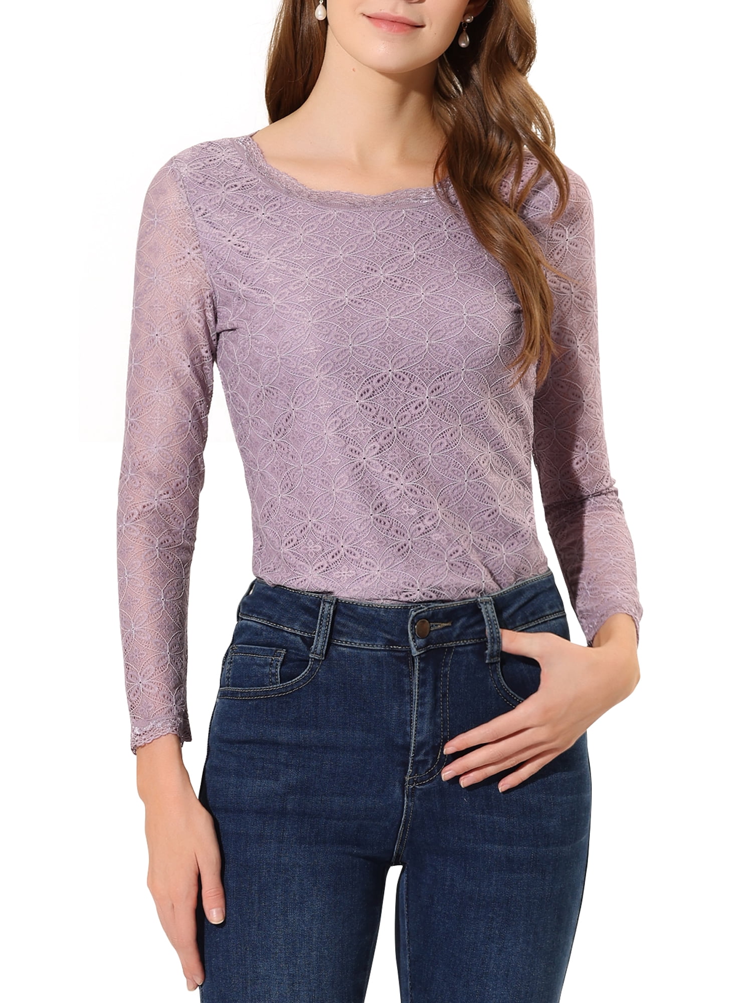 MODA NOVA Junior's Round Neck Long Sleeves Sheer Flower Embroidery Lace ...