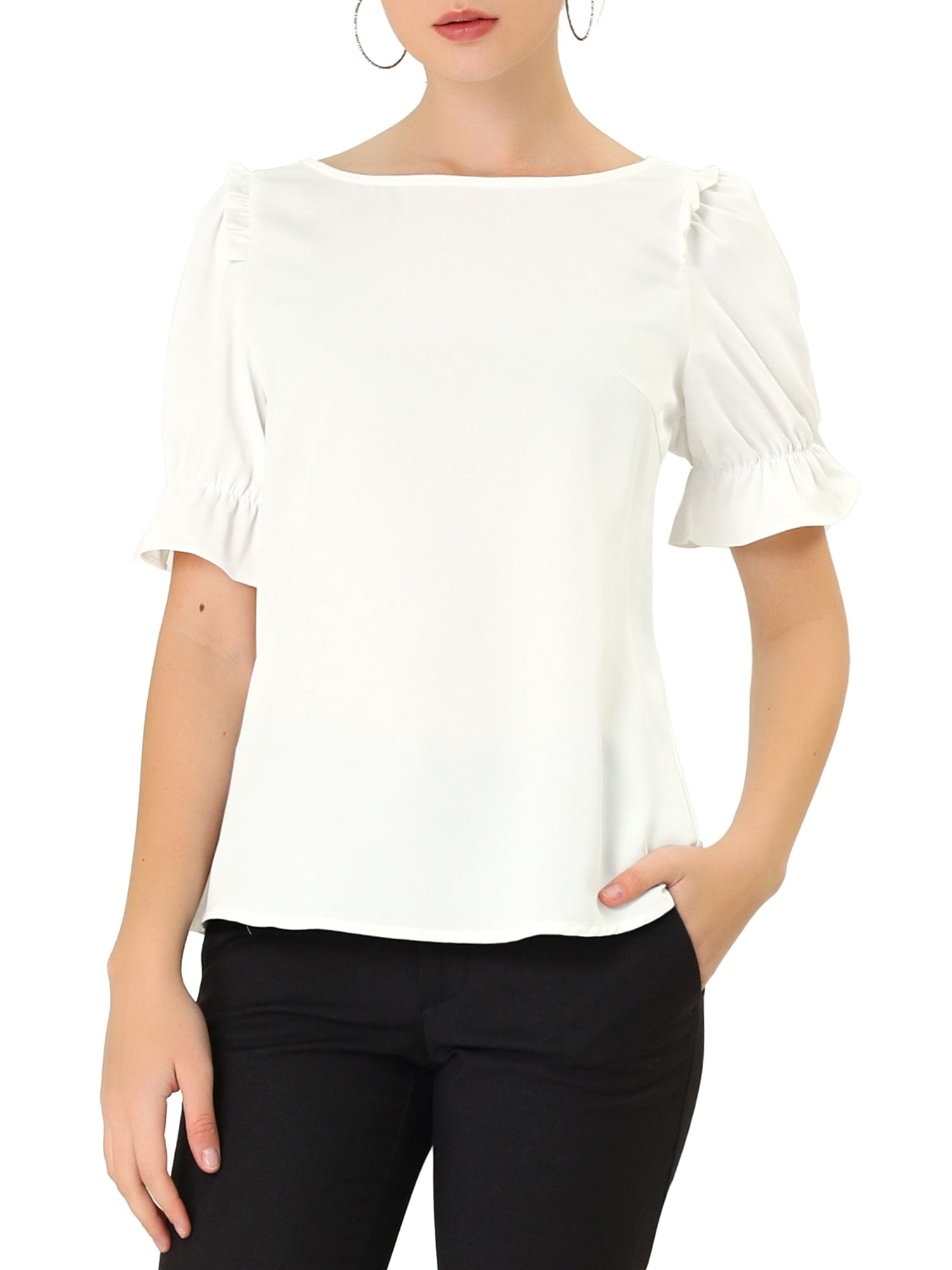 MODA NOVA Junior's Round Neck Short Puff Sleeves Ruffle Blouse White L ...