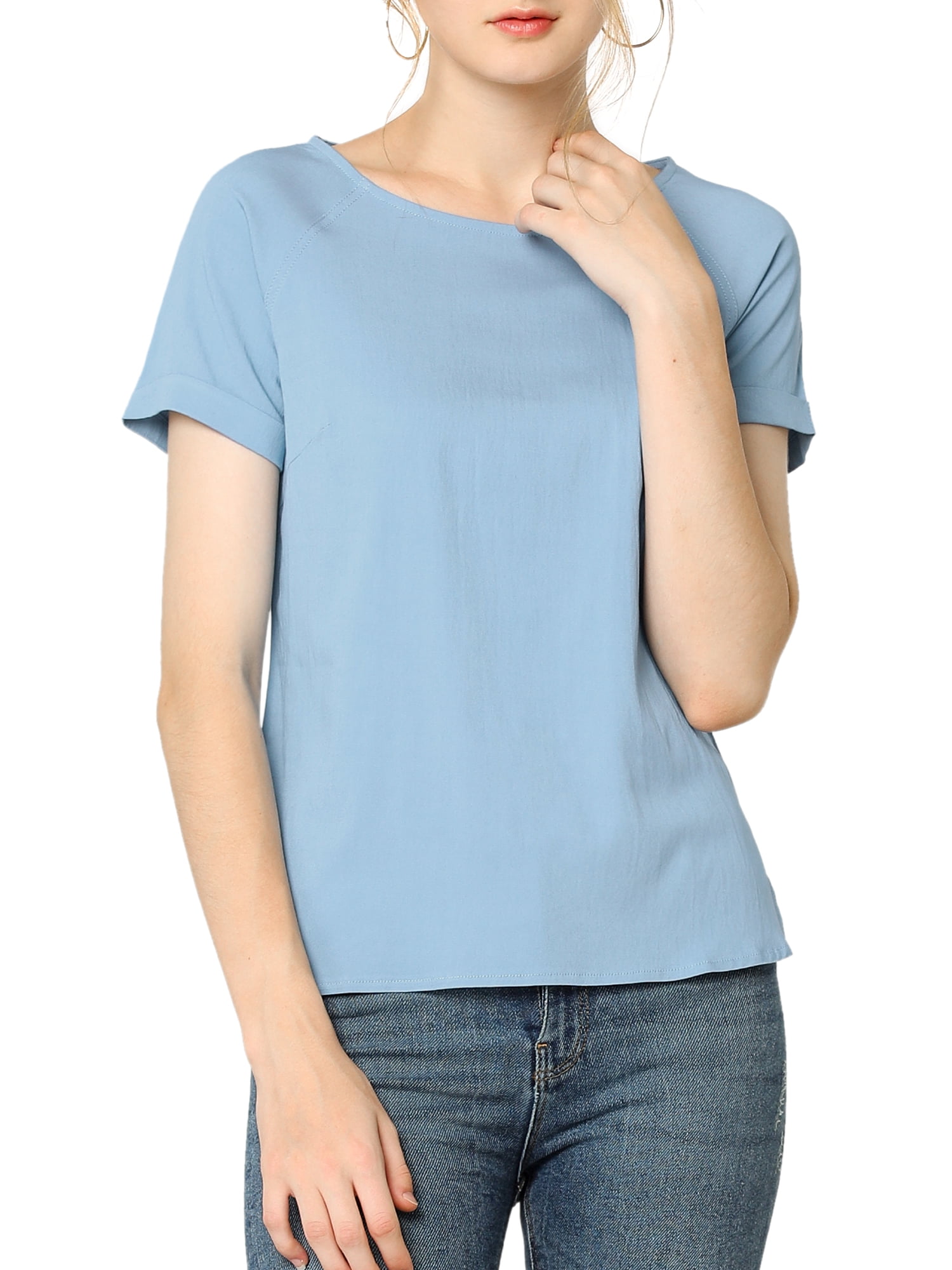 MODA NOVA Junior's Round Neck Short Raglan Sleeves Side Slit Chambray ...