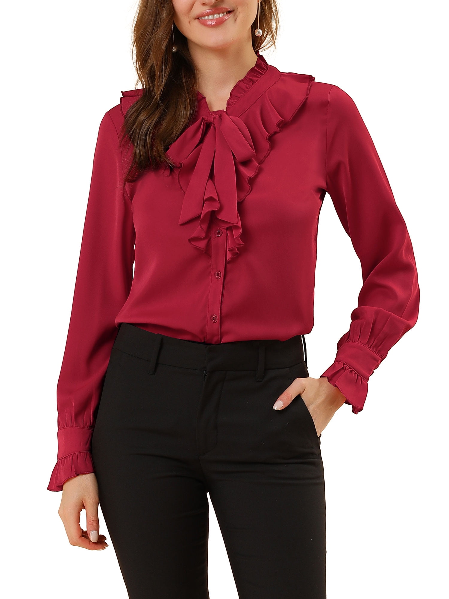 MODA NOVA Junior's Ruffle Tie Neck Ruffle Cuffs Button Front Shirt Red ...