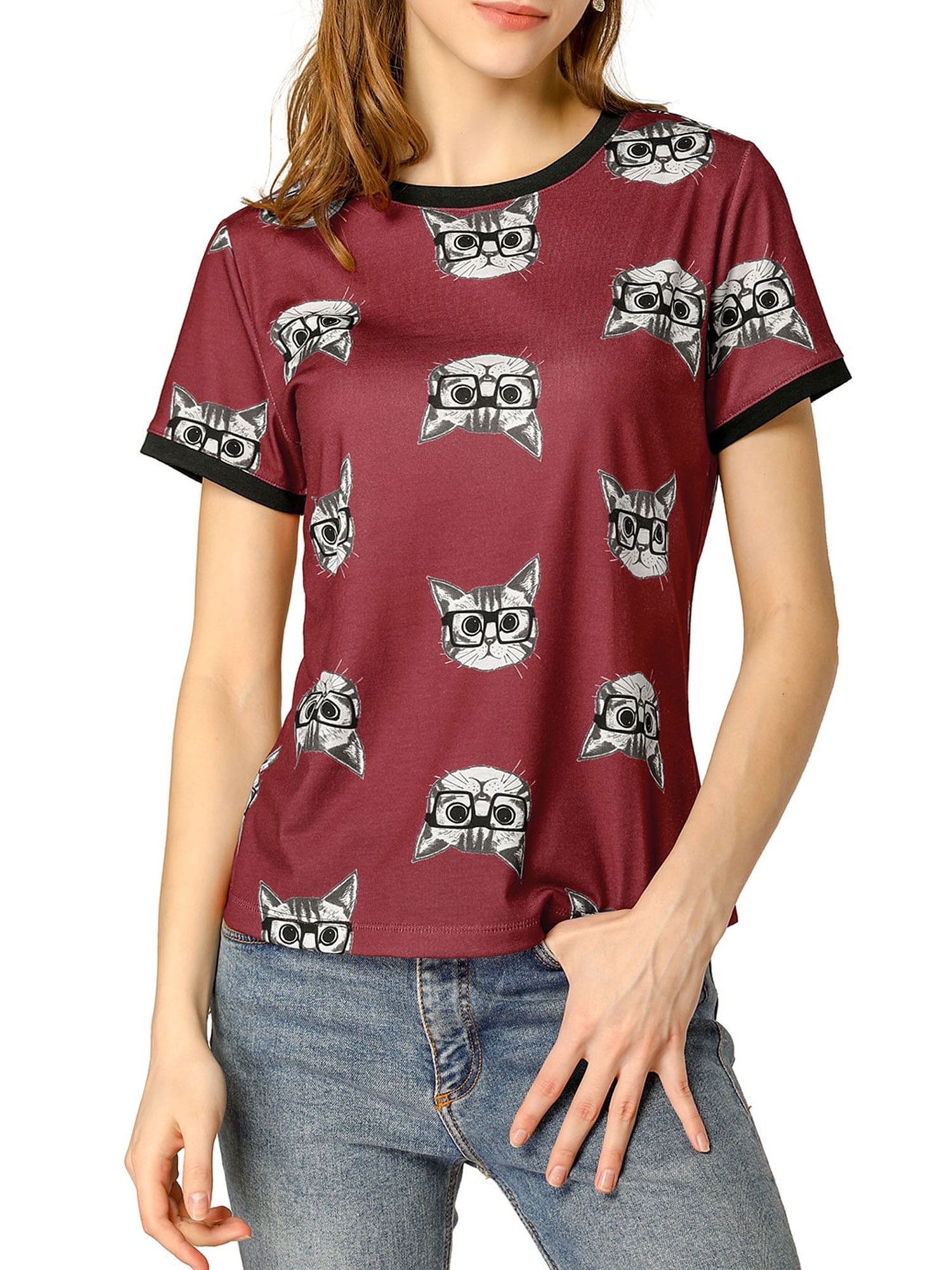 MODA NOVA Junior's Short Sleeve Contrast Trim Cartoon Cat Print Tee ...