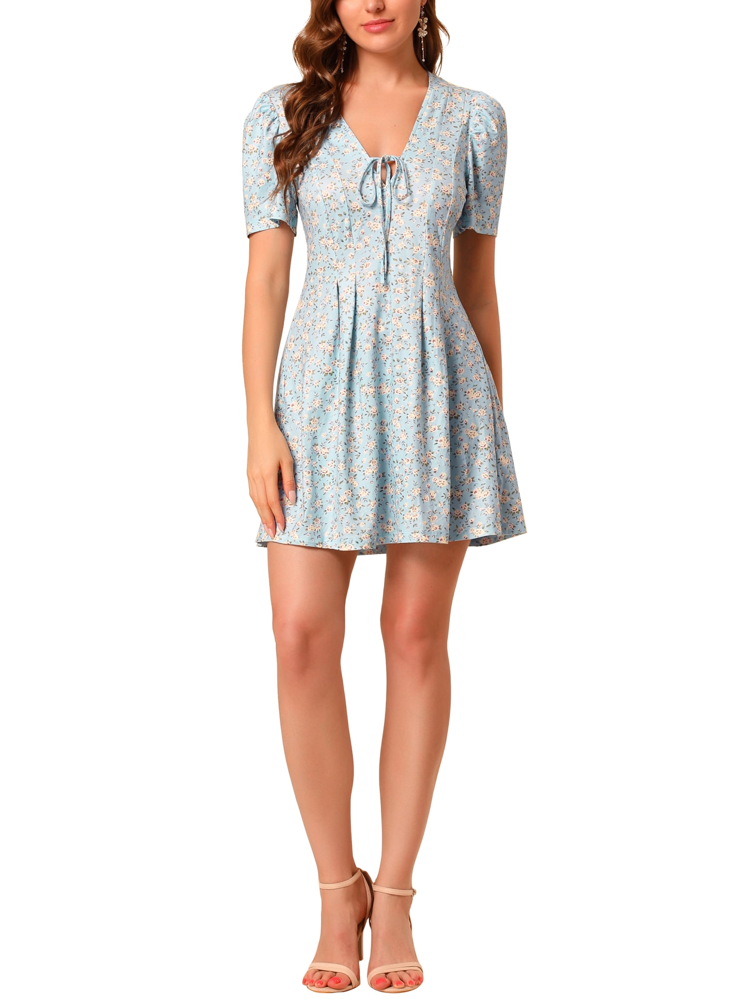 MODA NOVA Junior's Sundress V Neck Puff Sleeve Floral Short Mini Dress ...