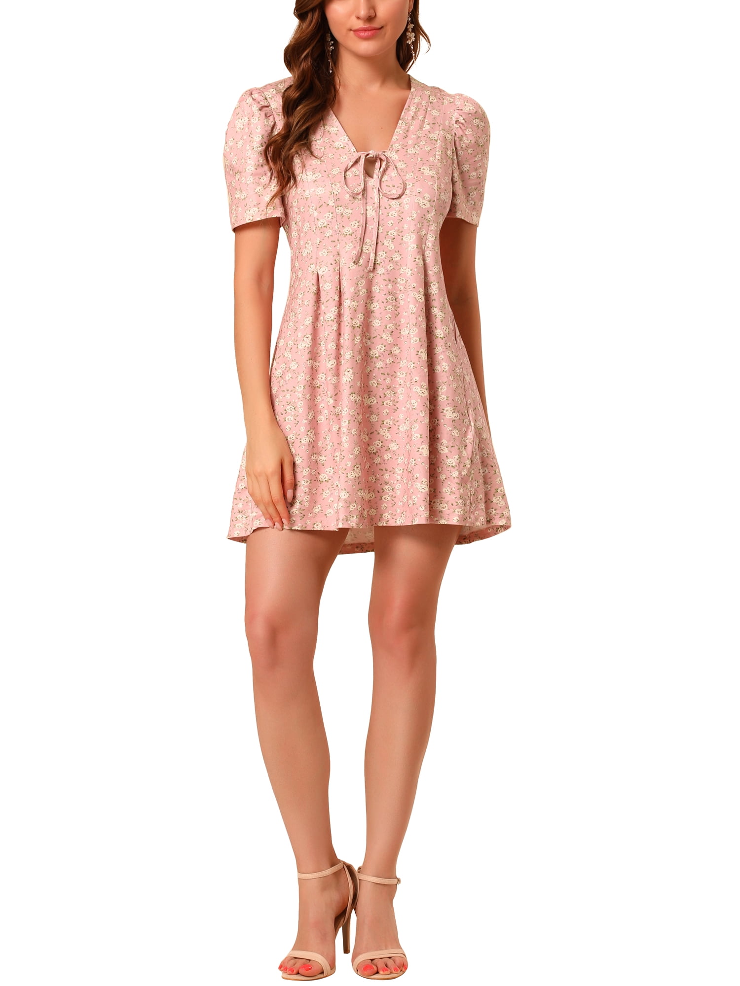 MODA NOVA Junior's Sundress V Neck Puff Sleeve Floral Short Mini Dress ...