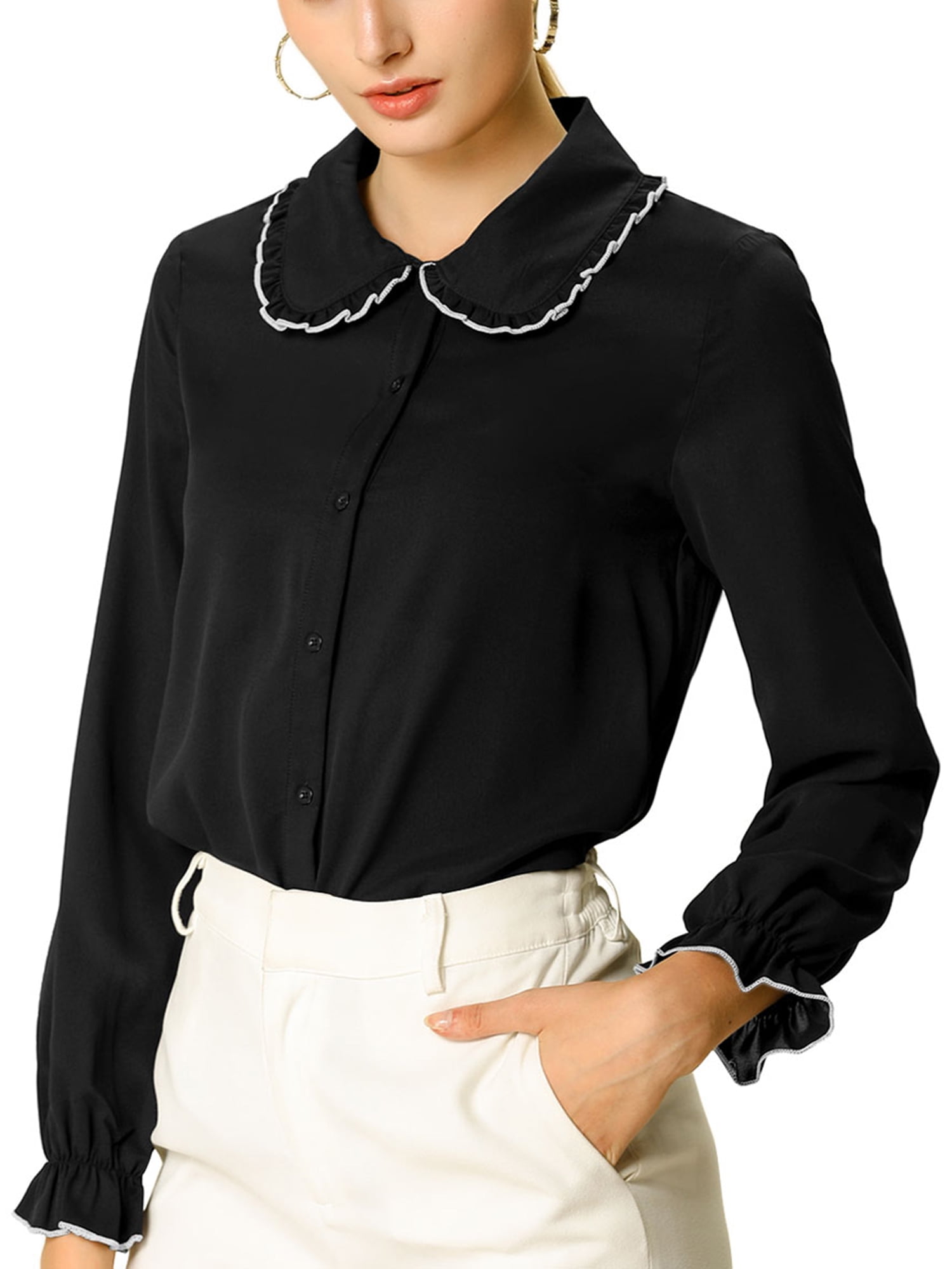 MODA NOVA Junior's Sweet Ruffle Peter Pan Collar Button Up Shirt Black ...