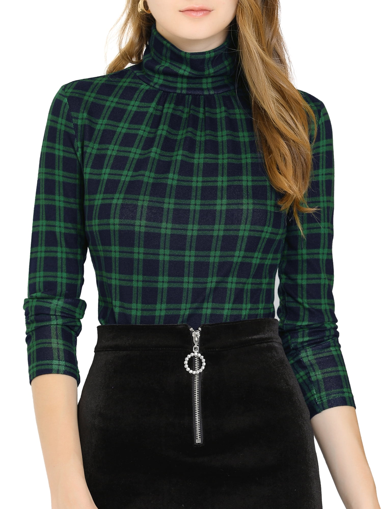 MODA NOVA Junior's Turtleneck Long Sleeve Slim Fit Plaid Blouse ...