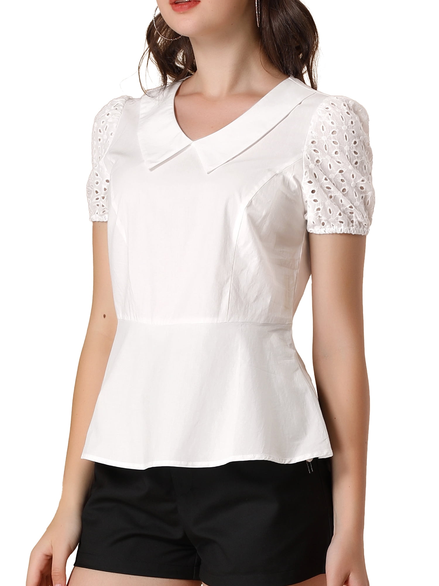 MODA NOVA Junior's Work Office Shirt Lace Insert Peter Pan Collared ...