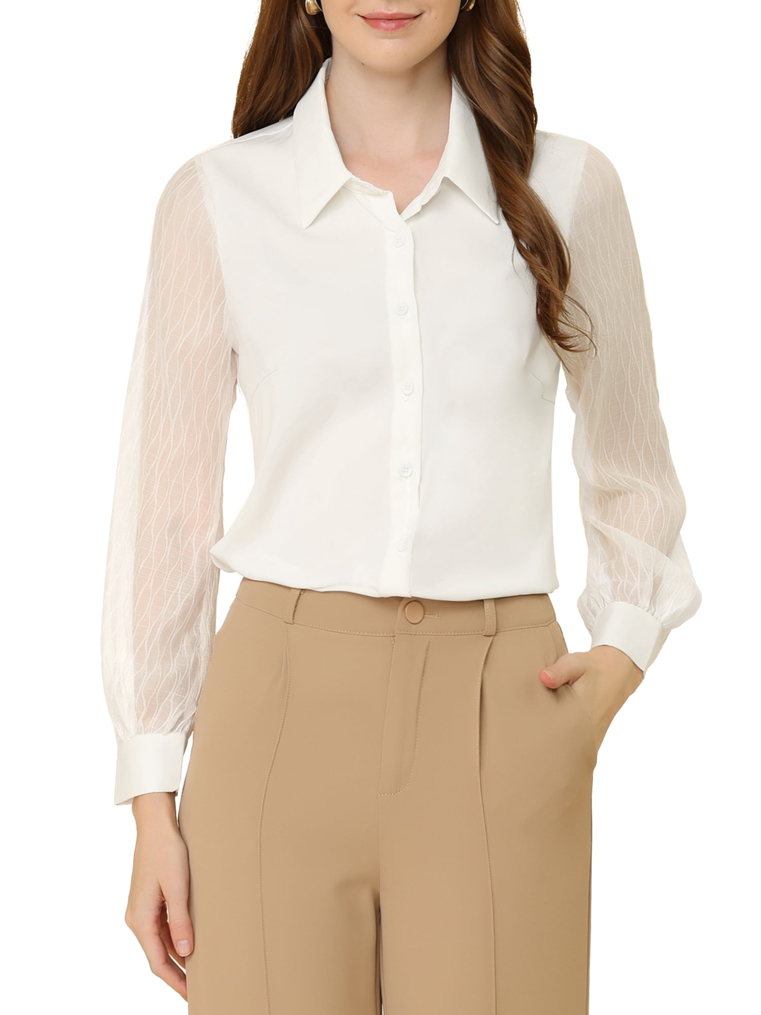 MODA NOVA Junior's Work Office Shirt Textured Sheer Sleeve Button Down ...