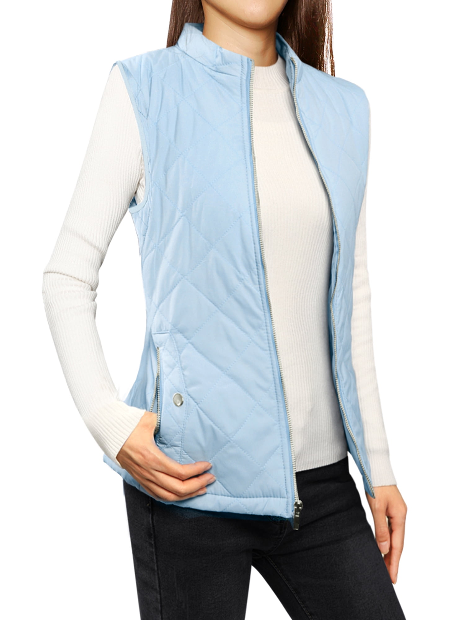 MODA NOVA Junior's Zip up Front Stand Collar Slant Pockets Quilted ...
