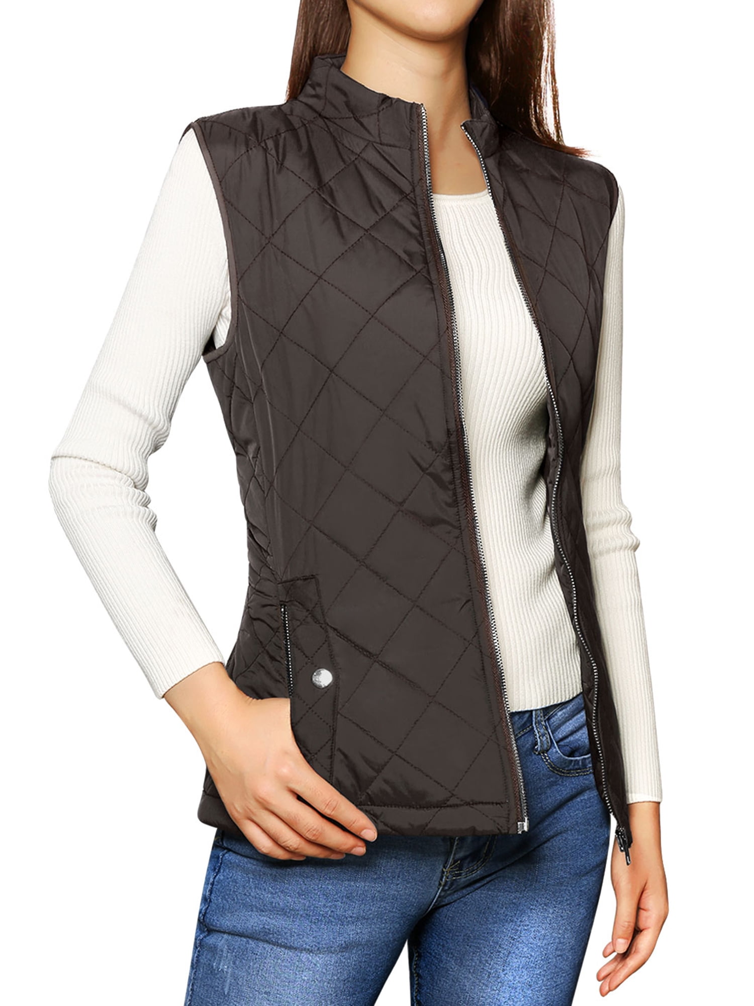 MODA NOVA Junior's Zip up Front Stand Collar Slant Pockets Quilted ...