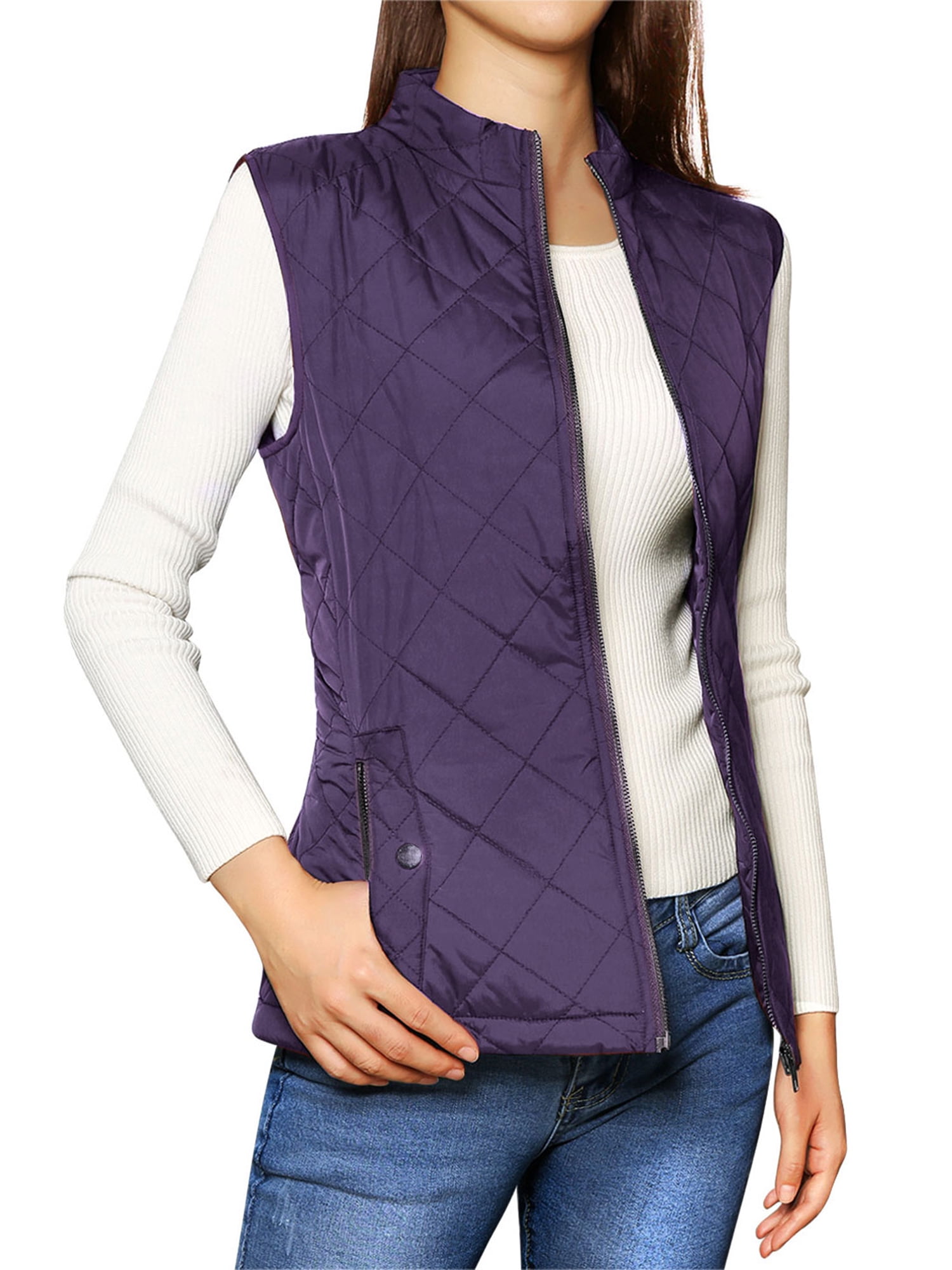 MODA NOVA Junior's Zip up Front Stand Collar Slant Pockets Quilted ...