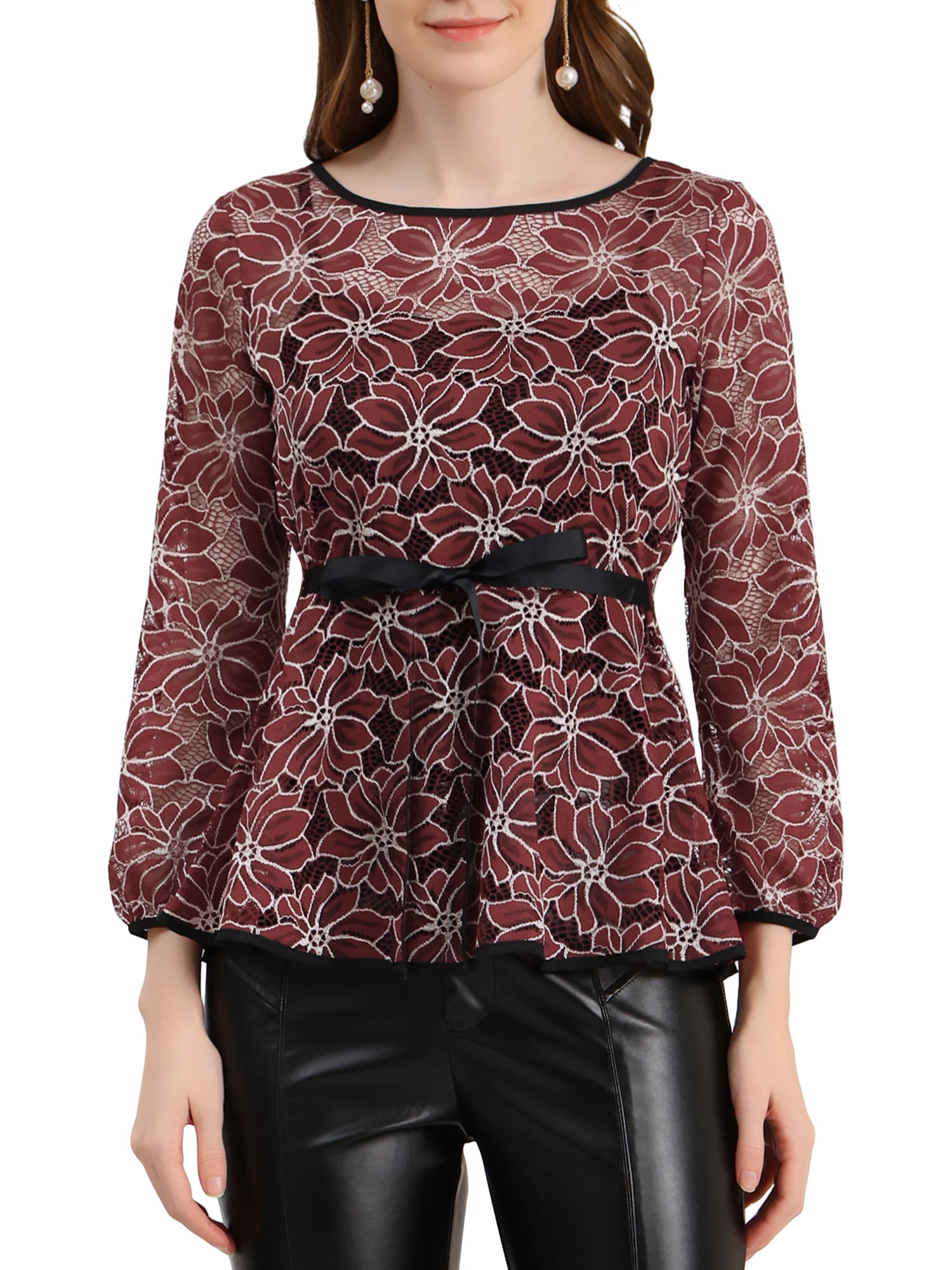 MODA NOVA Juniors Bracelet 3/4 Sleeve Self Tie Waist Lace Floral Peplum Blouse - Walmart.com