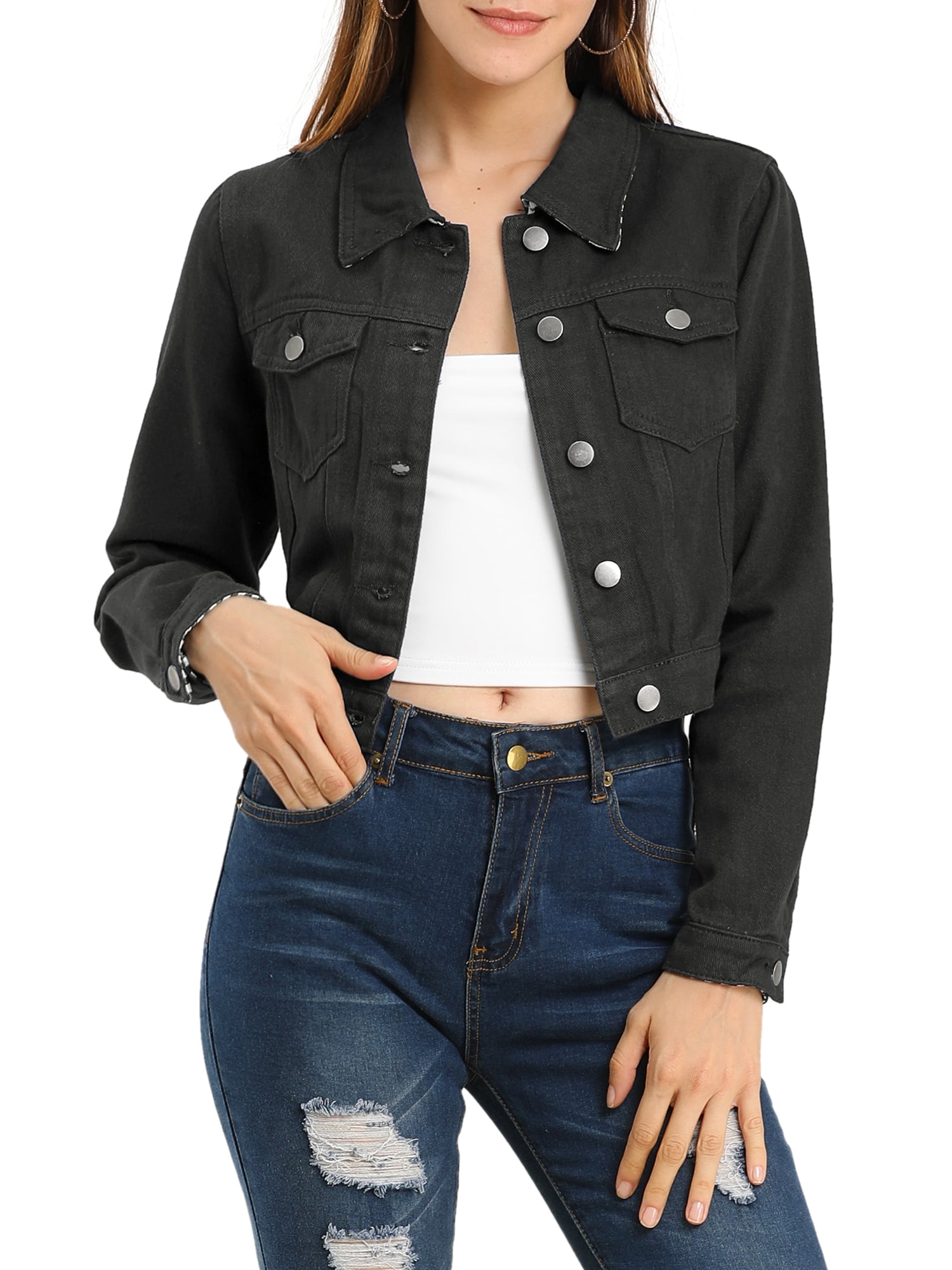 MODA NOVA Juniors Button Down Long Sleeves Cropped Denim Jacket ...