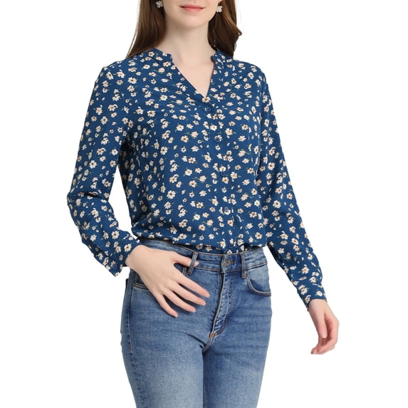 MODA NOVA Juniors Button Down V Neck Long Sleeve Floral Blouse Blue S ...