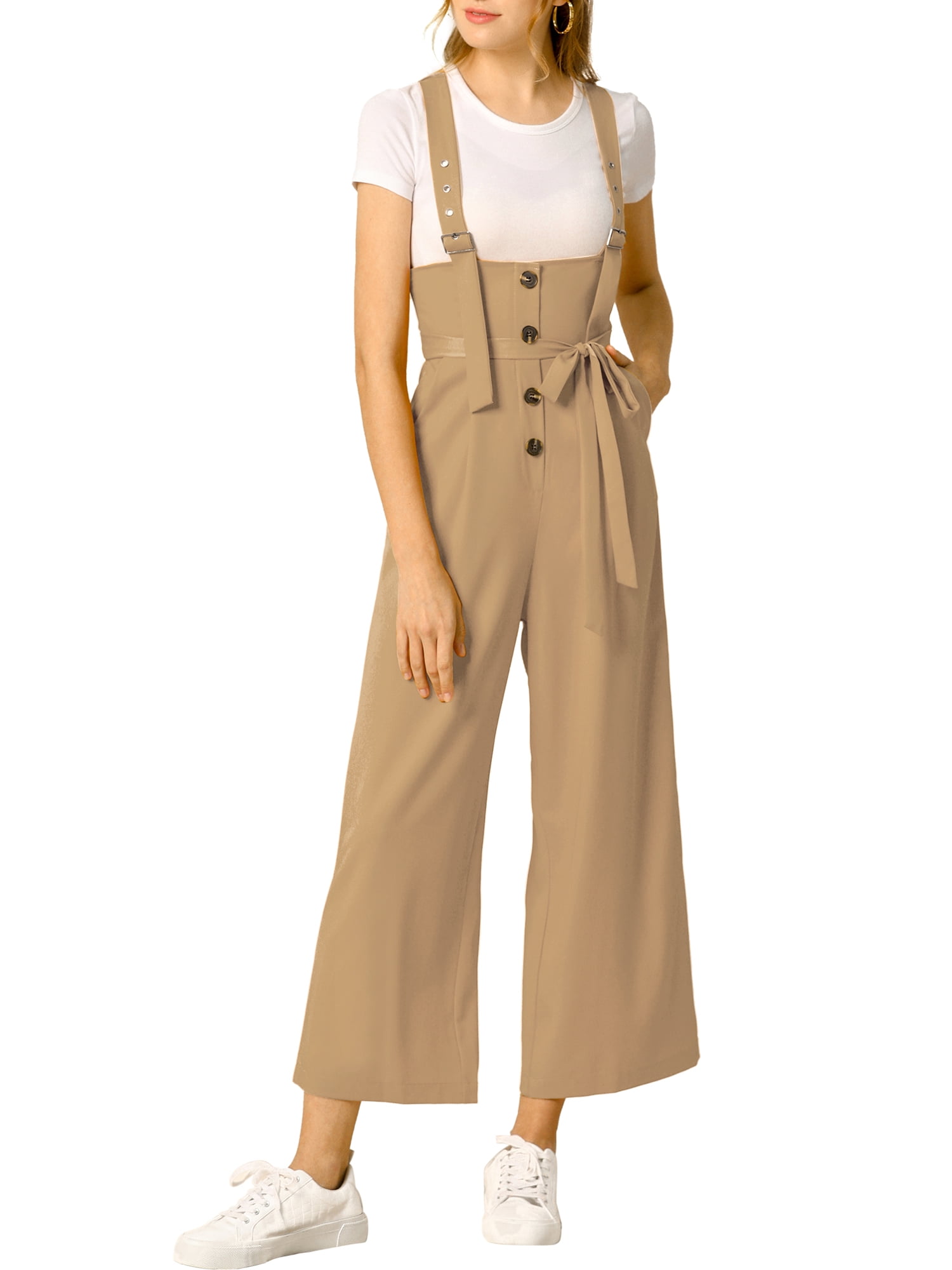 MODA NOVA Juniors Button Front High Waist Belted Straight Fit Overall ...