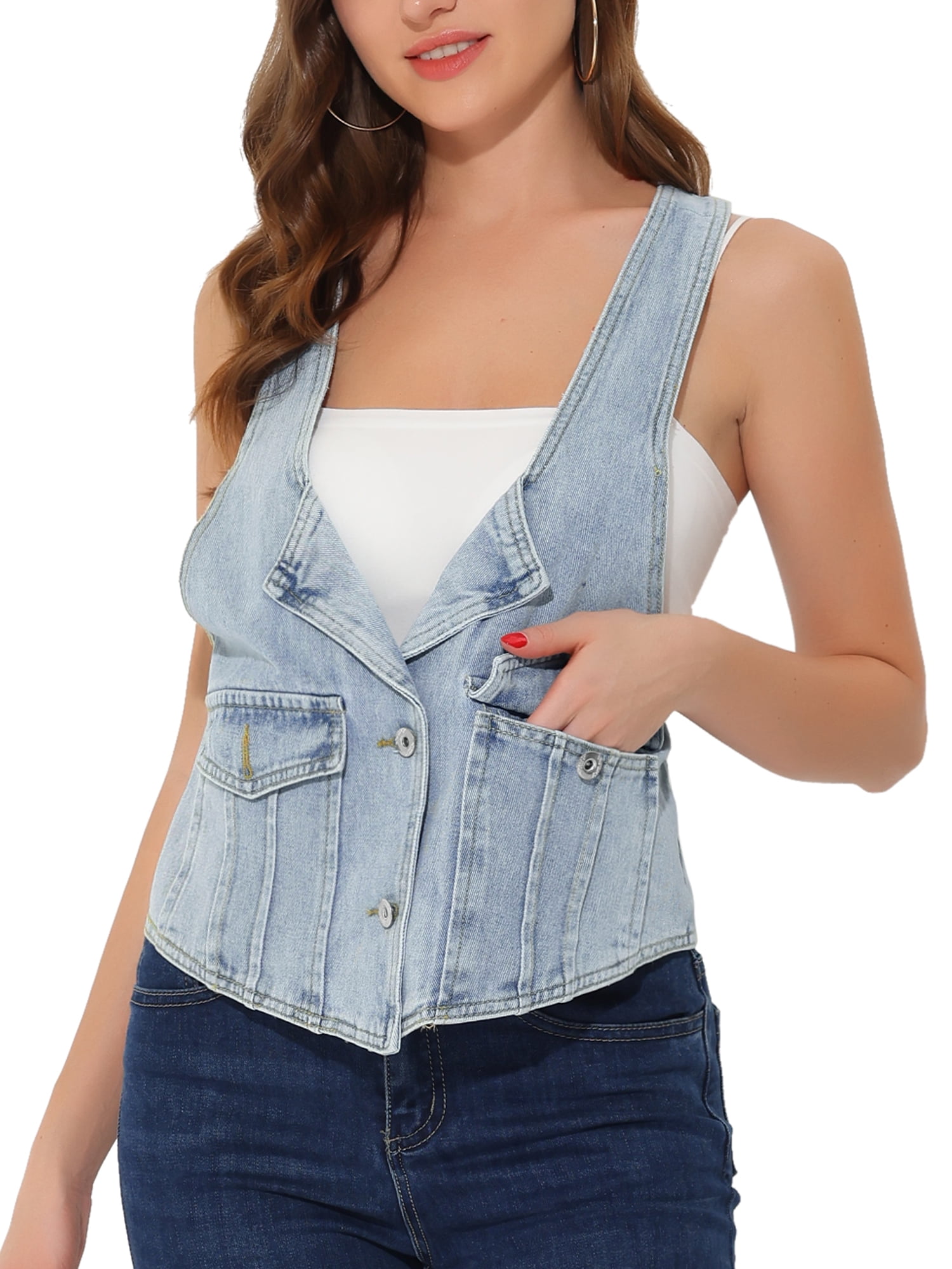 MODA NOVA Juniors Classic Cropped Denim Jean Waistcoat Vest - Walmart.com