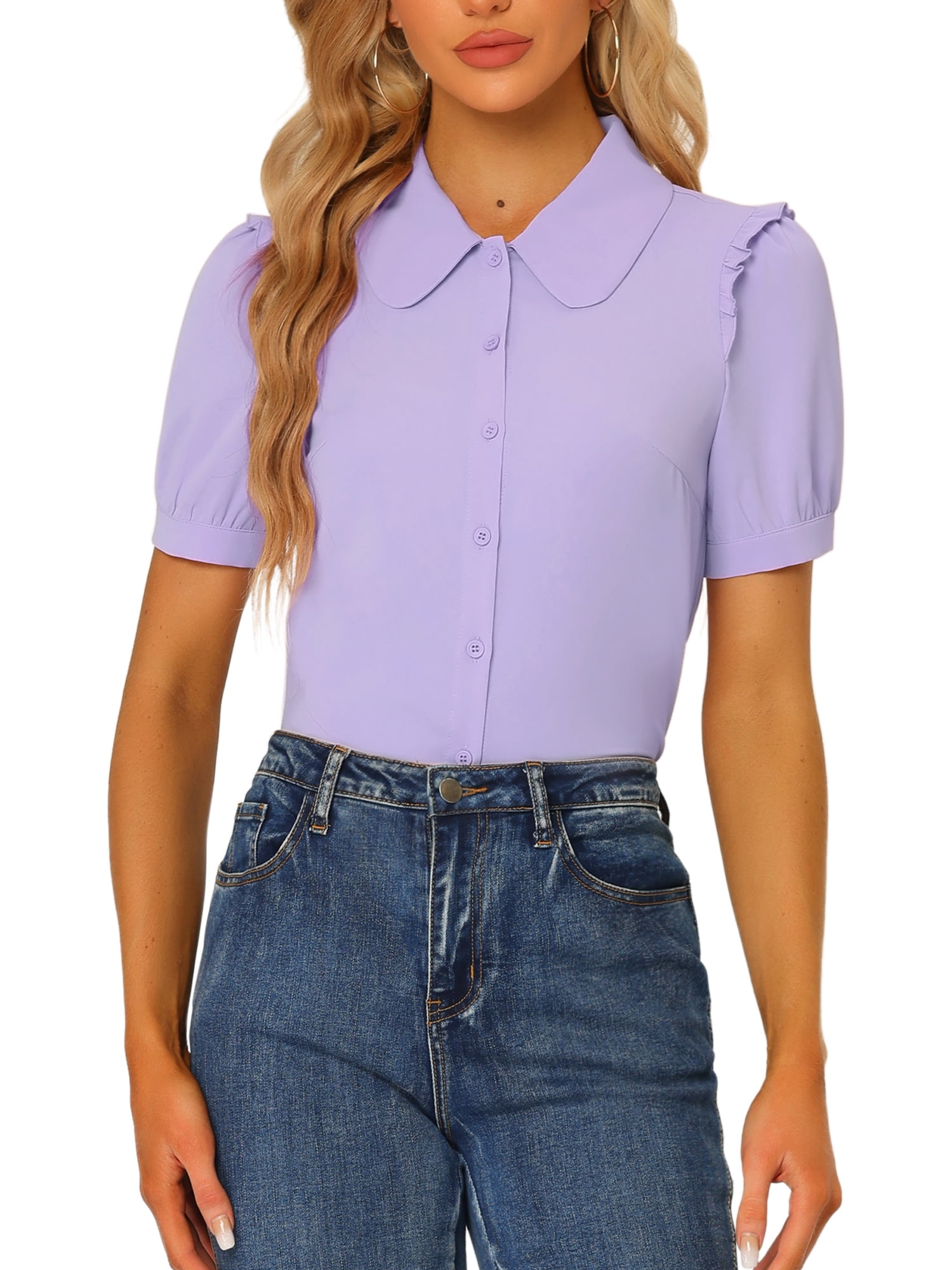 MODA NOVA Juniors Collared Top Peter Pan Collar Short Sleeve Button ...