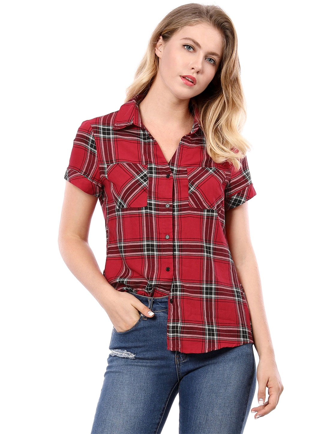 MODA NOVA Juniors Cotton Boyfriend Button Front Short Sleeves Plaid ...