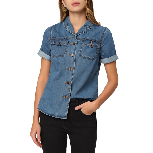 MODA NOVA Juniors' Denim Shirt Collared Short Sleeve Chest Pocket ...