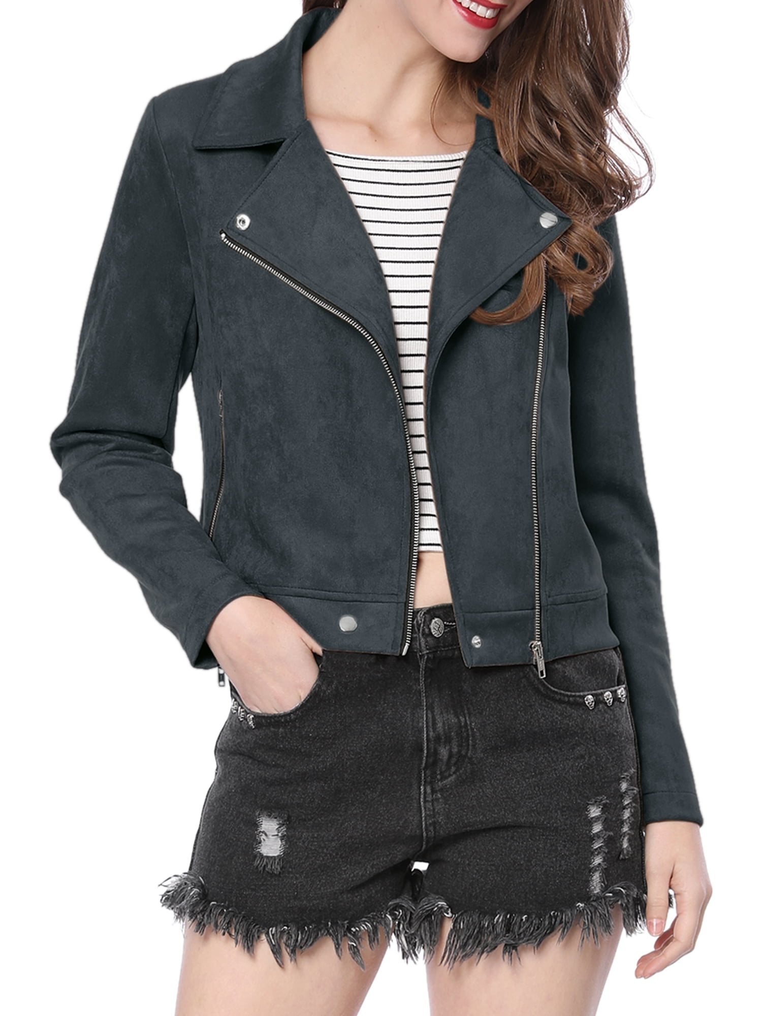 MODA NOVA Juniors Faux Suede Long Sleeve Zip Up Moto Biker Jacket ...
