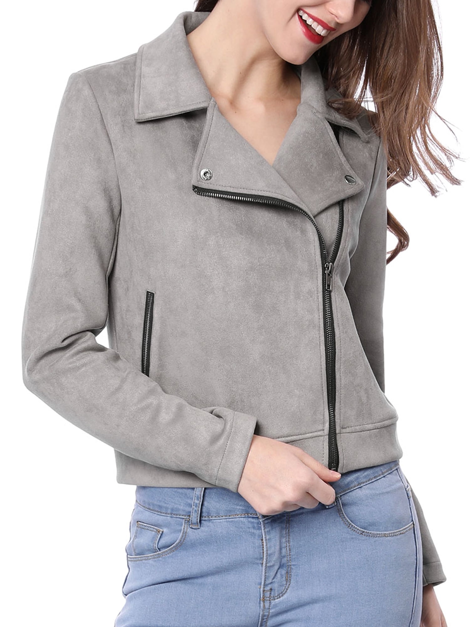 MODA NOVA Juniors Faux Suede Long Sleeve Zip Up Moto Biker Jacket ...