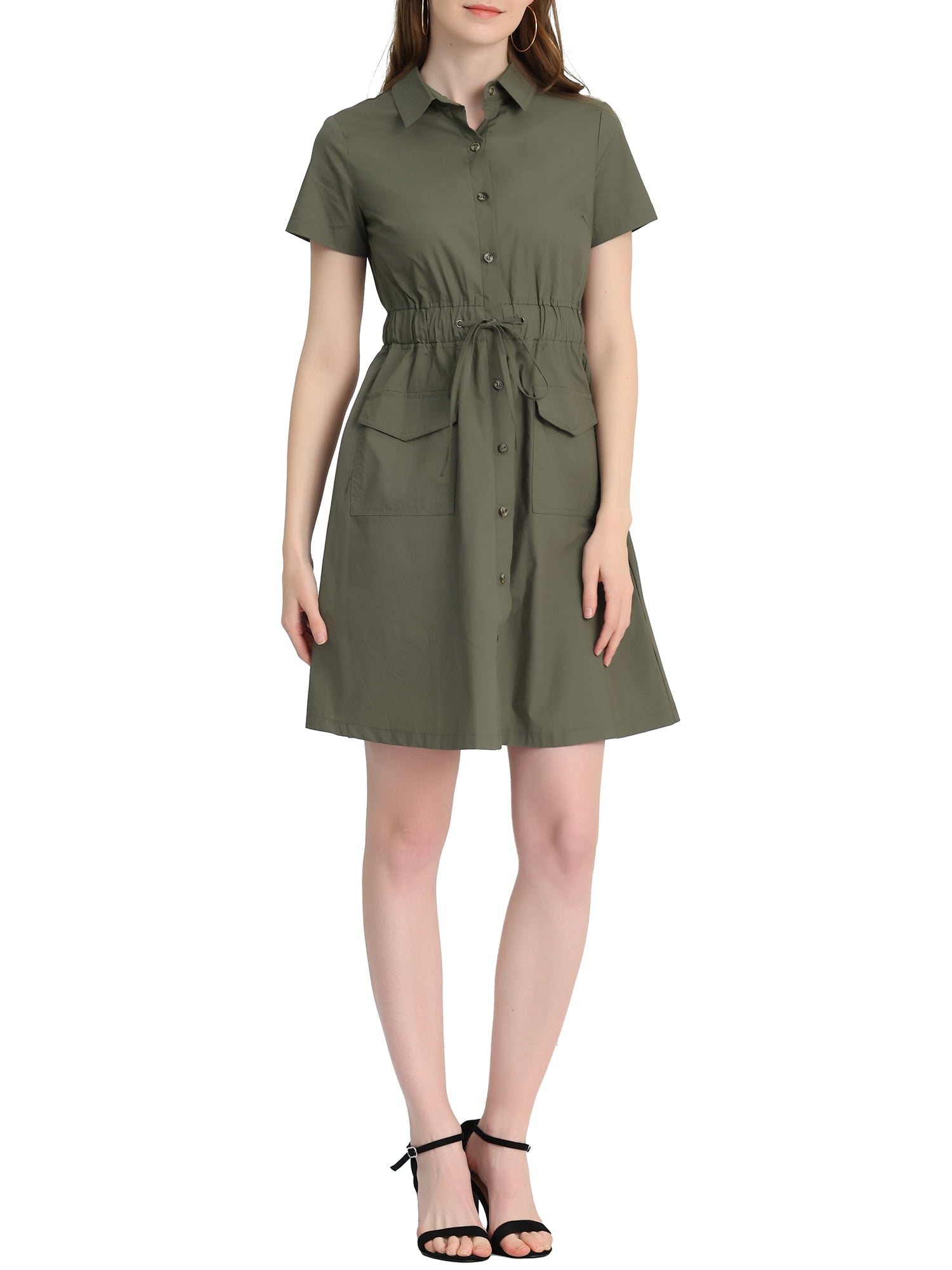 MODA NOVA Juniors Fit and Flare Collar Pocket Elastic Waist Mini Dress ...