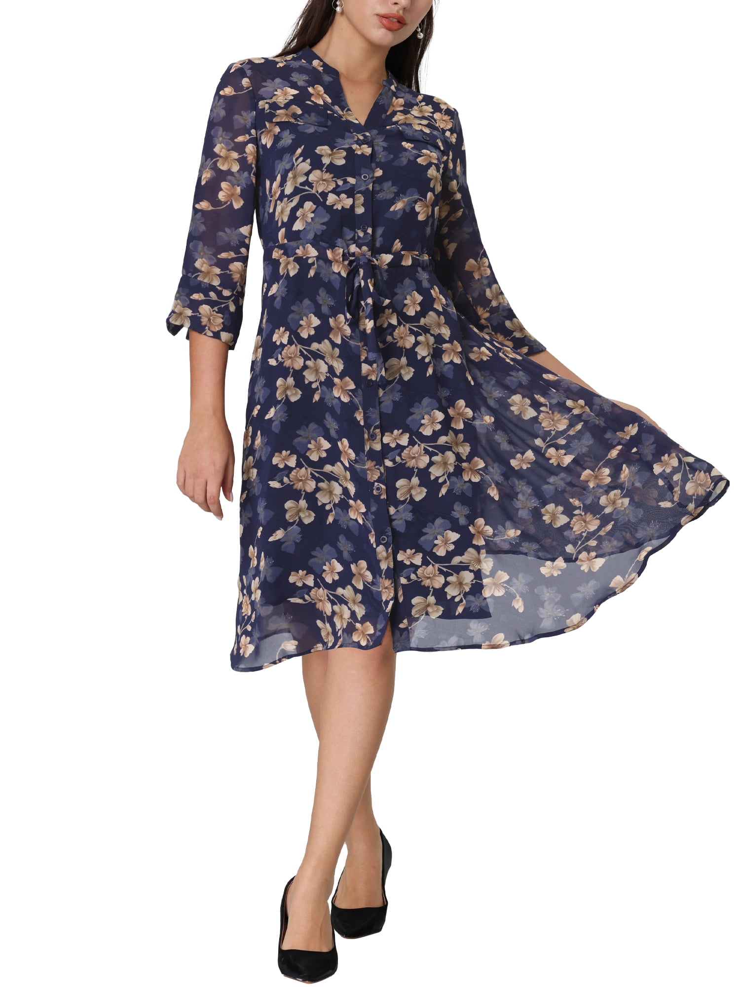 MODA NOVA Juniors Floral Chiffon Dress Half Sleeve Tie Waist Button ...