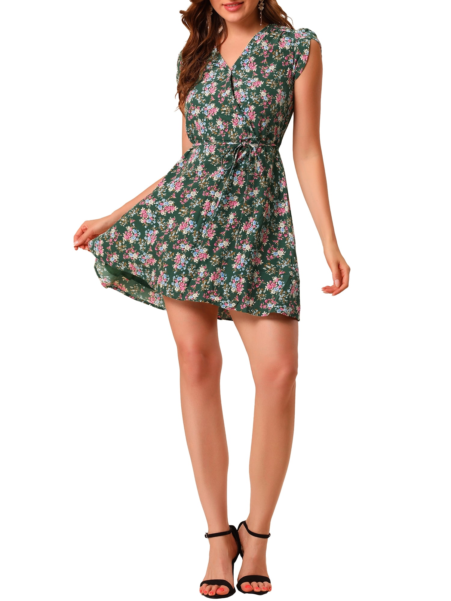 MODA NOVA Juniors Floral Crossover V Neck Petal Sleeves Belted Dress ...