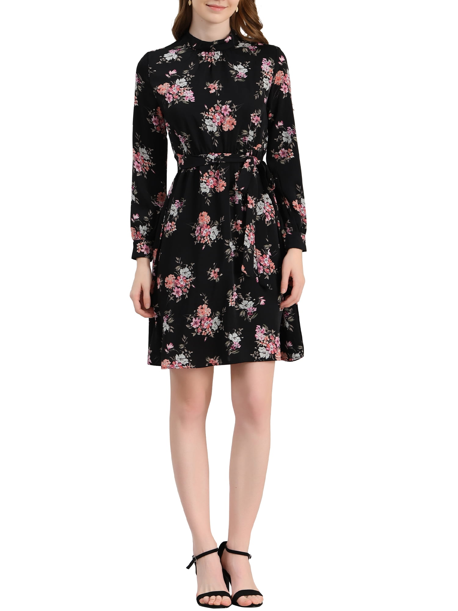 MODA NOVA Juniors Floral Flare Tie Waist Keyhole Back Mock Neck Long ...