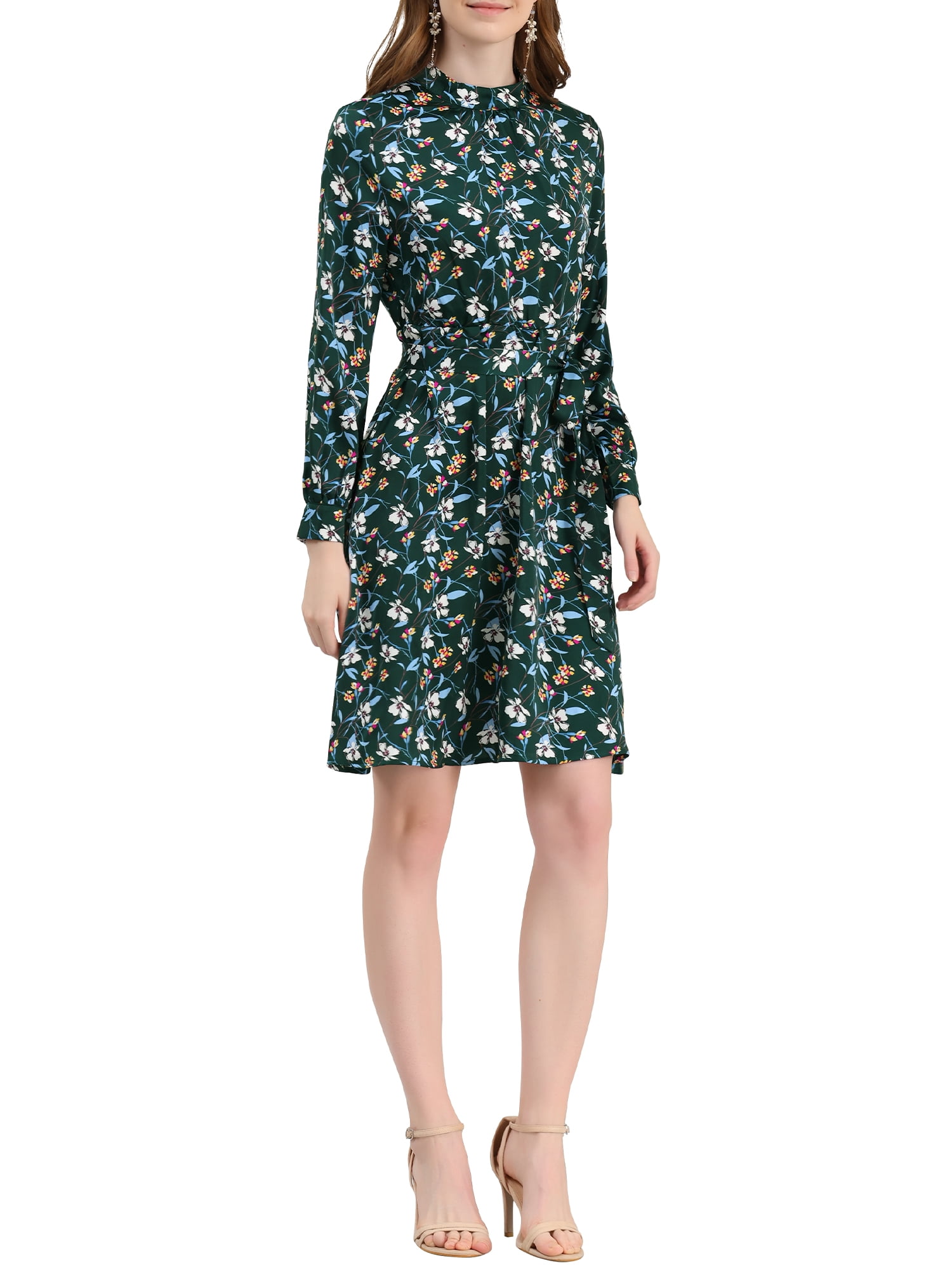 MODA NOVA Juniors Floral Flare Tie Waist Keyhole Back Mock Neck Long ...