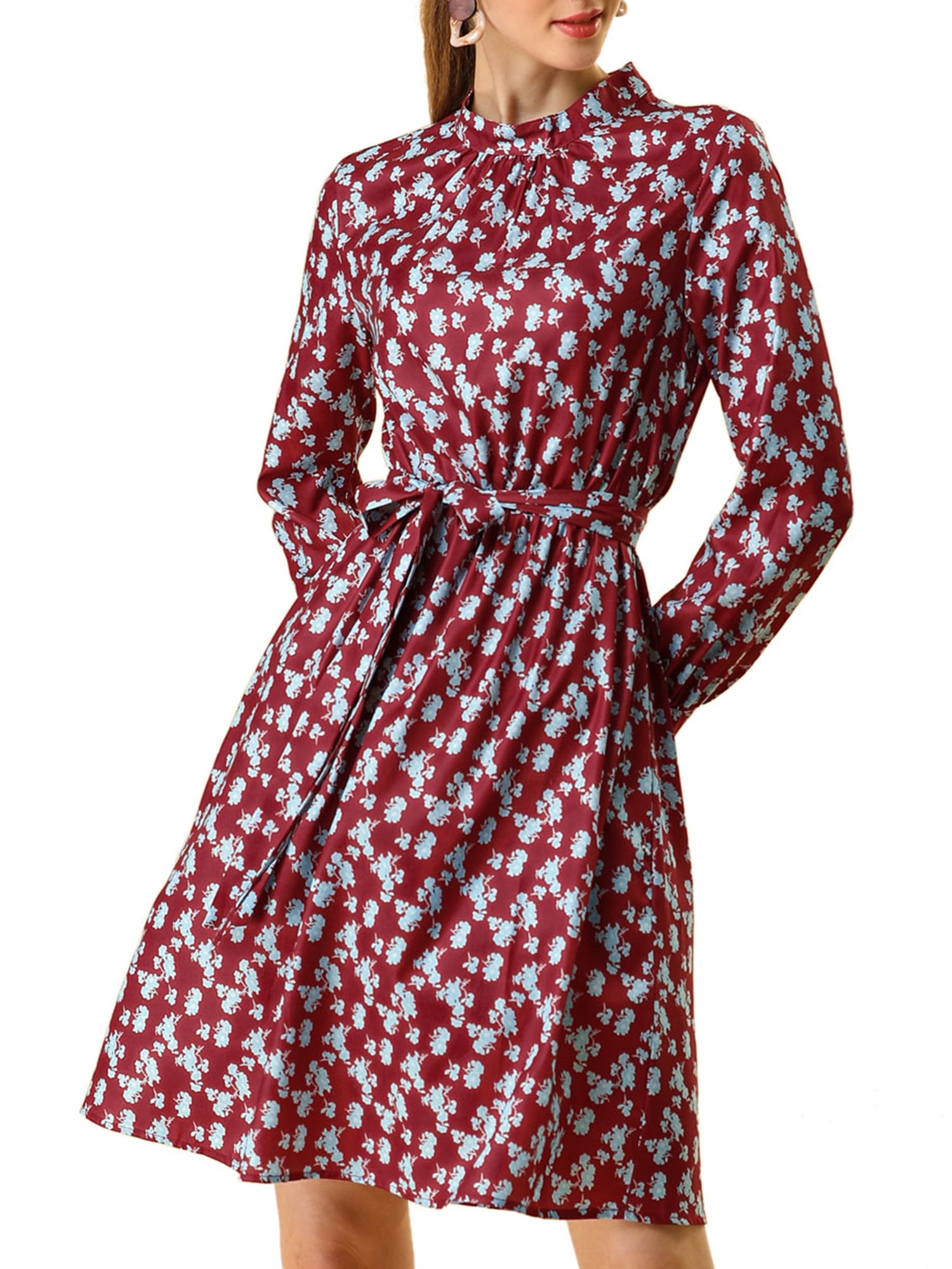 MODA NOVA Juniors Floral Flare Tie Waist Keyhole Back Mock Neck Long ...