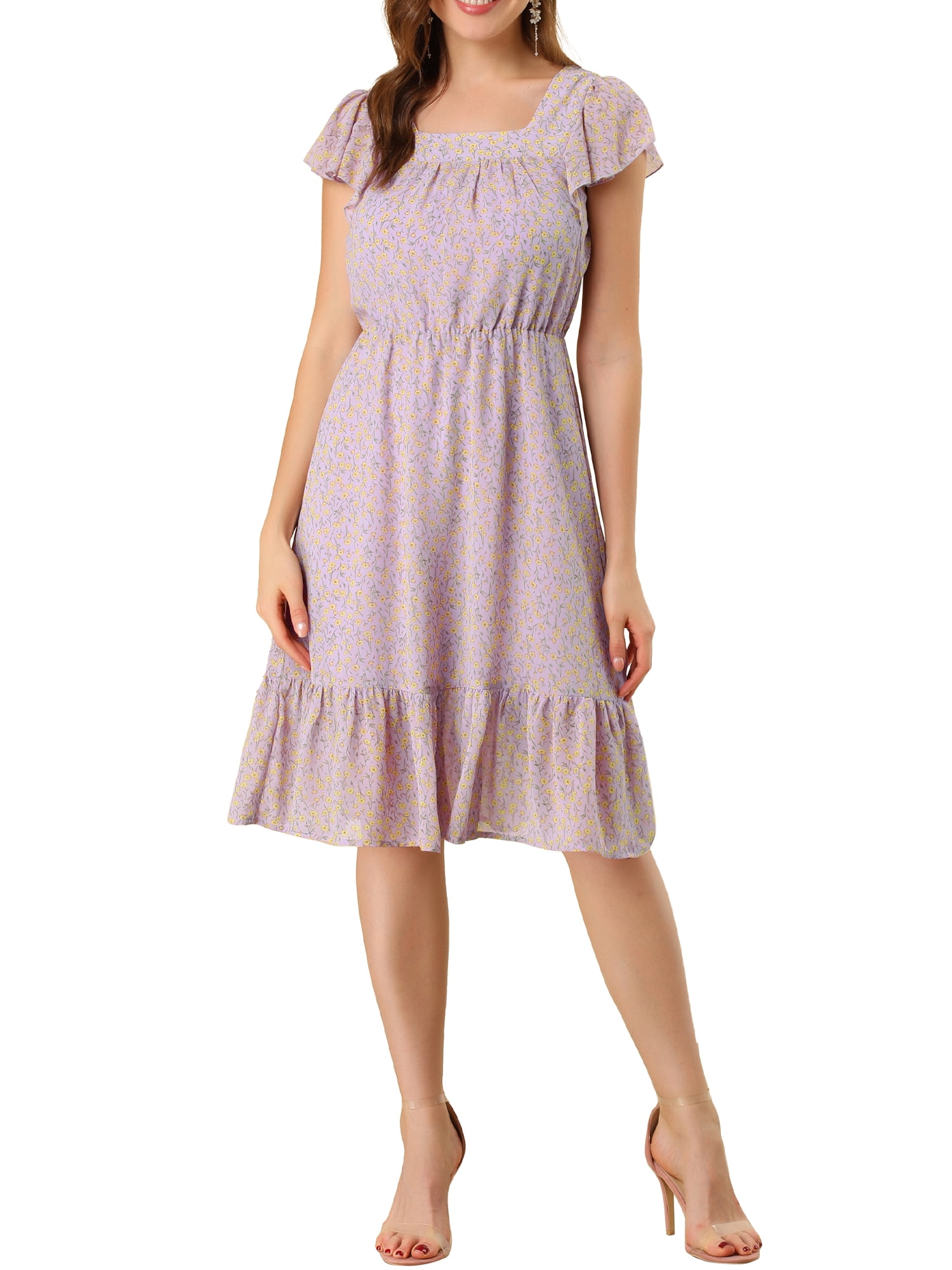 MODA NOVA Juniors Floral Print Flutter Sleeves Square Neck Ruffled Hem ...