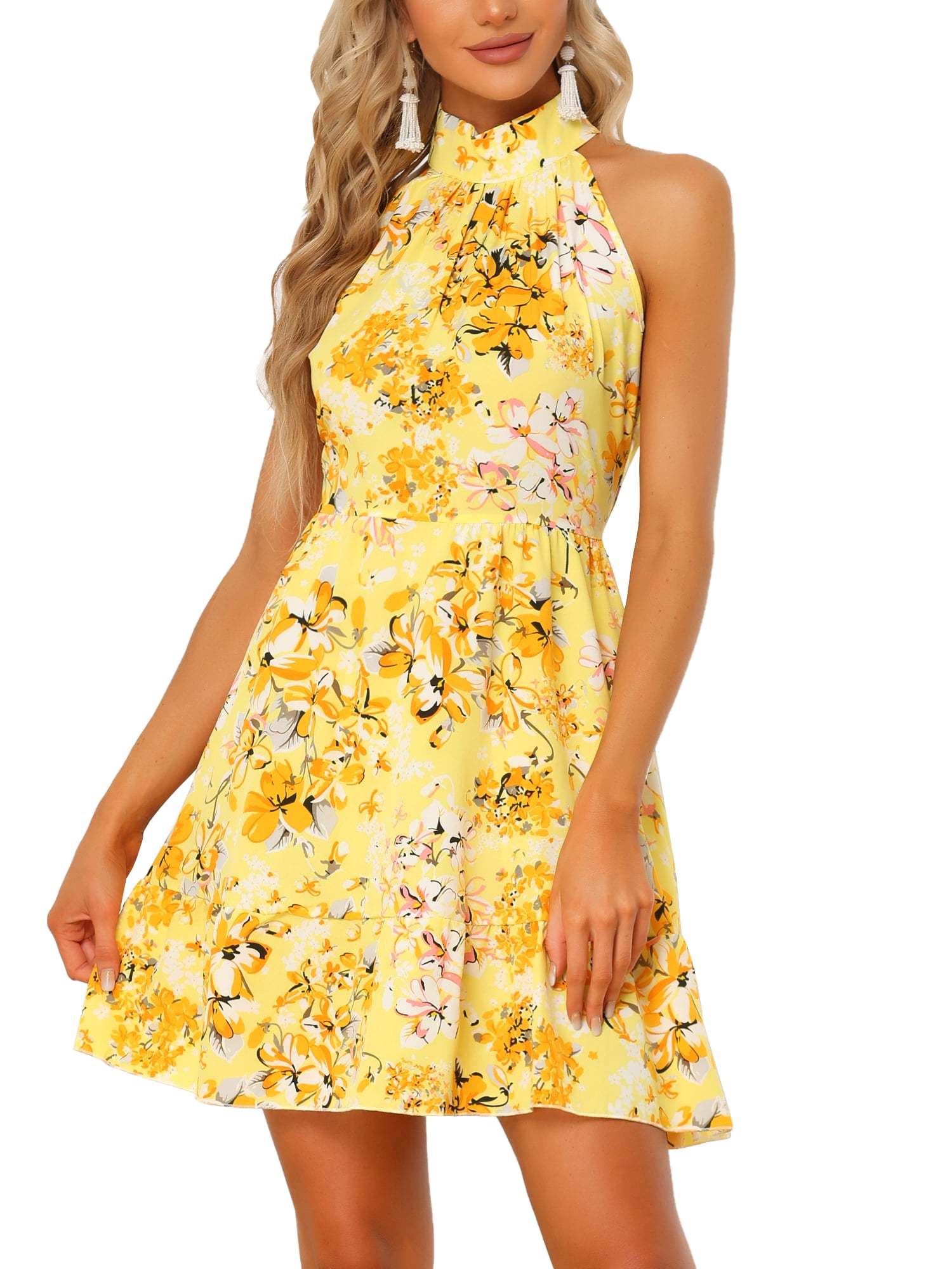 MODA NOVA Juniors Floral Print Sleeveless Halter Neck Belted Fashion ...