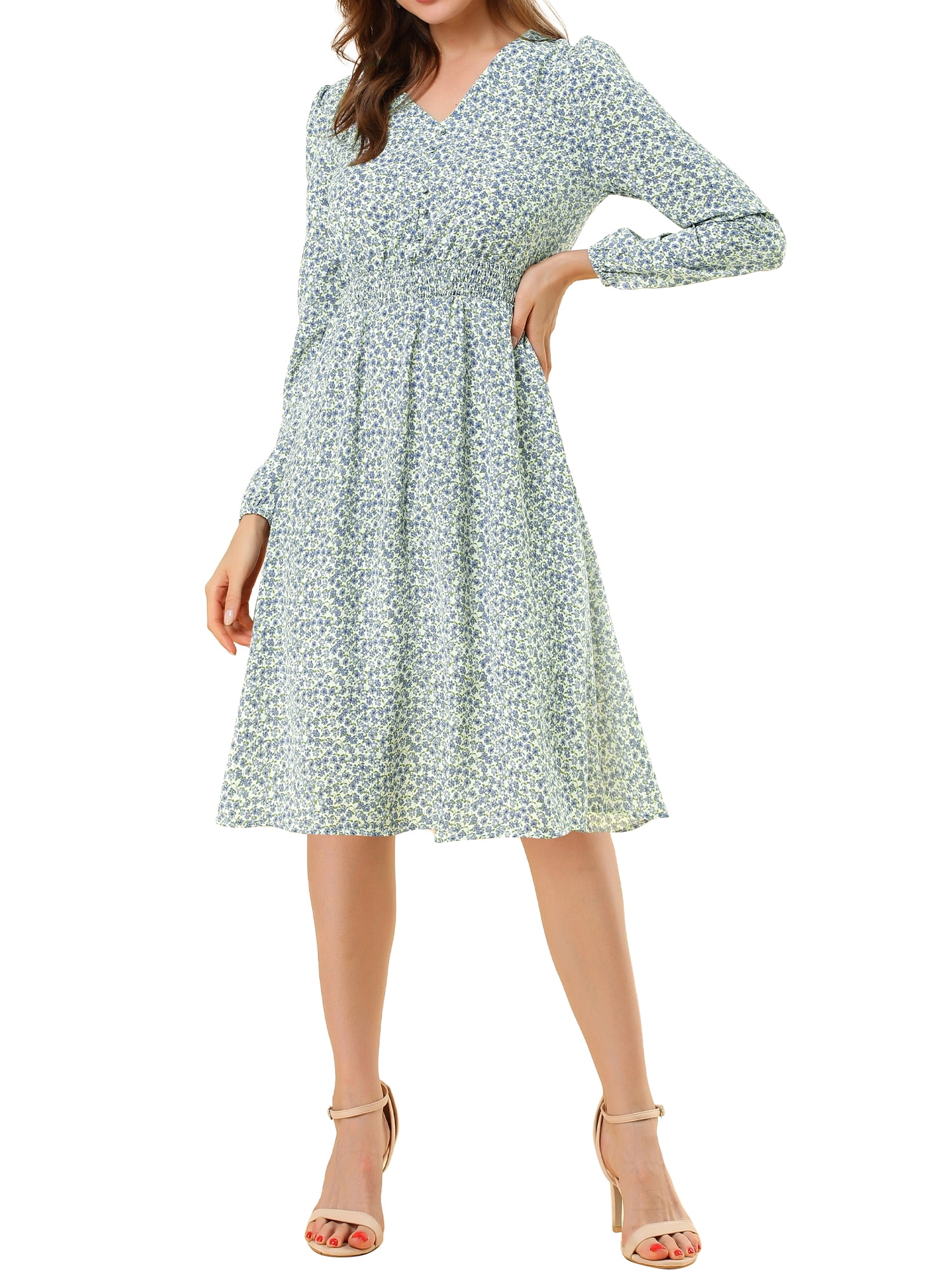 MODA NOVA Juniors Floral Print Swing Long Sleeve V-Neck Midi Dress ...