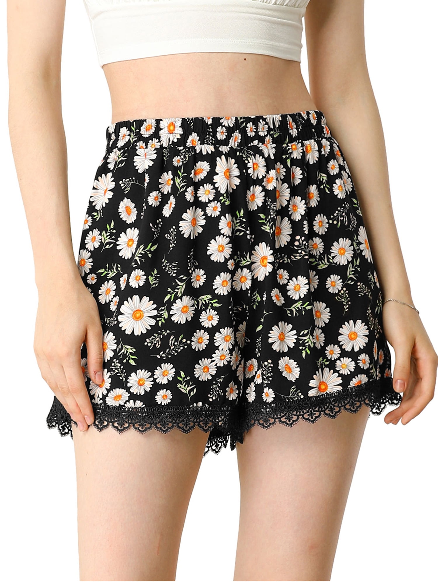 MODA NOVA Juniors Floral Printed Lace Trim Elastic Waist Shorts ...