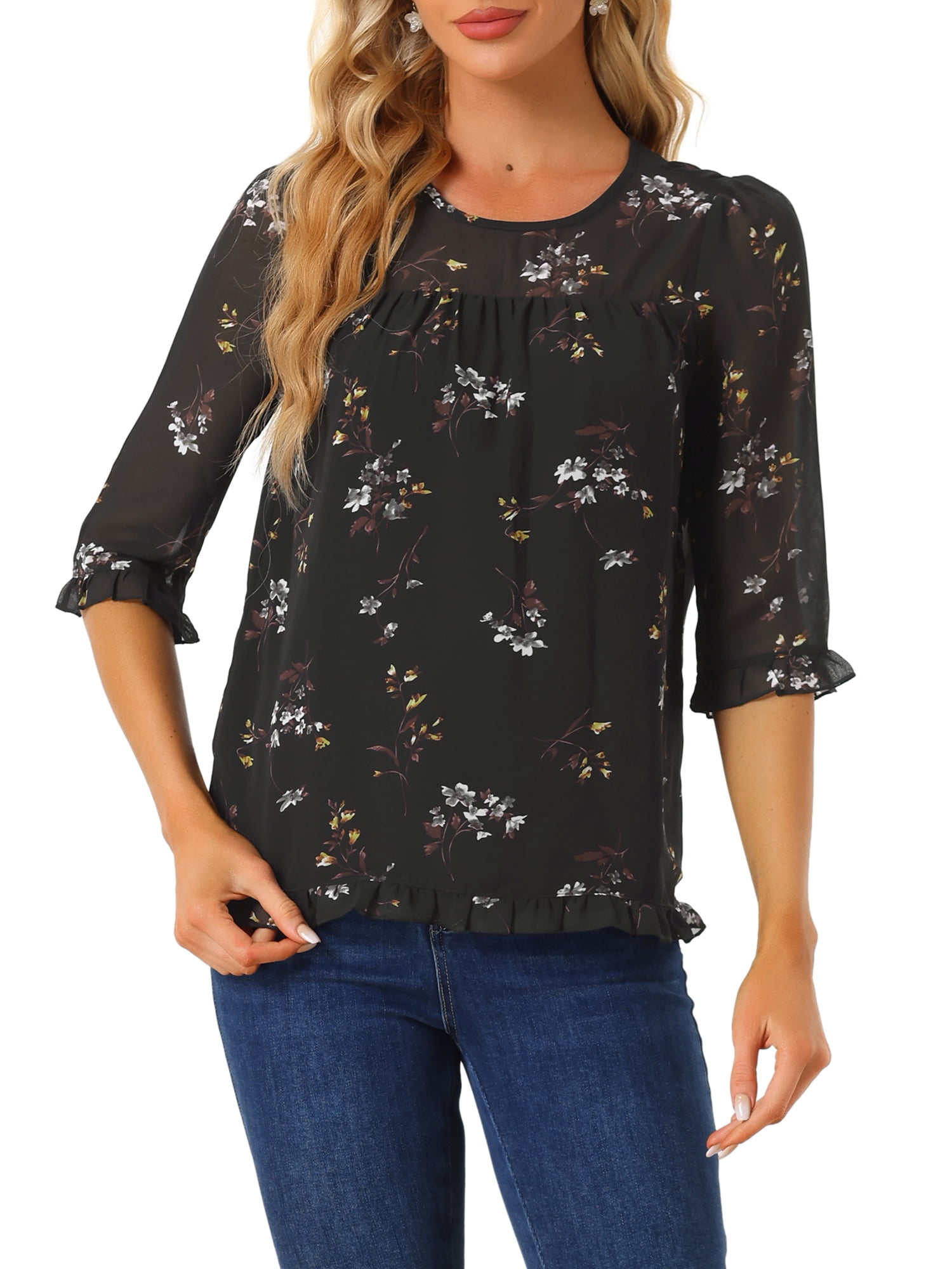 MODA NOVA Juniors Floral Round Neck Ruffled 3/4 Sleeves Flowy Chiffon Blouse - Walmart.com