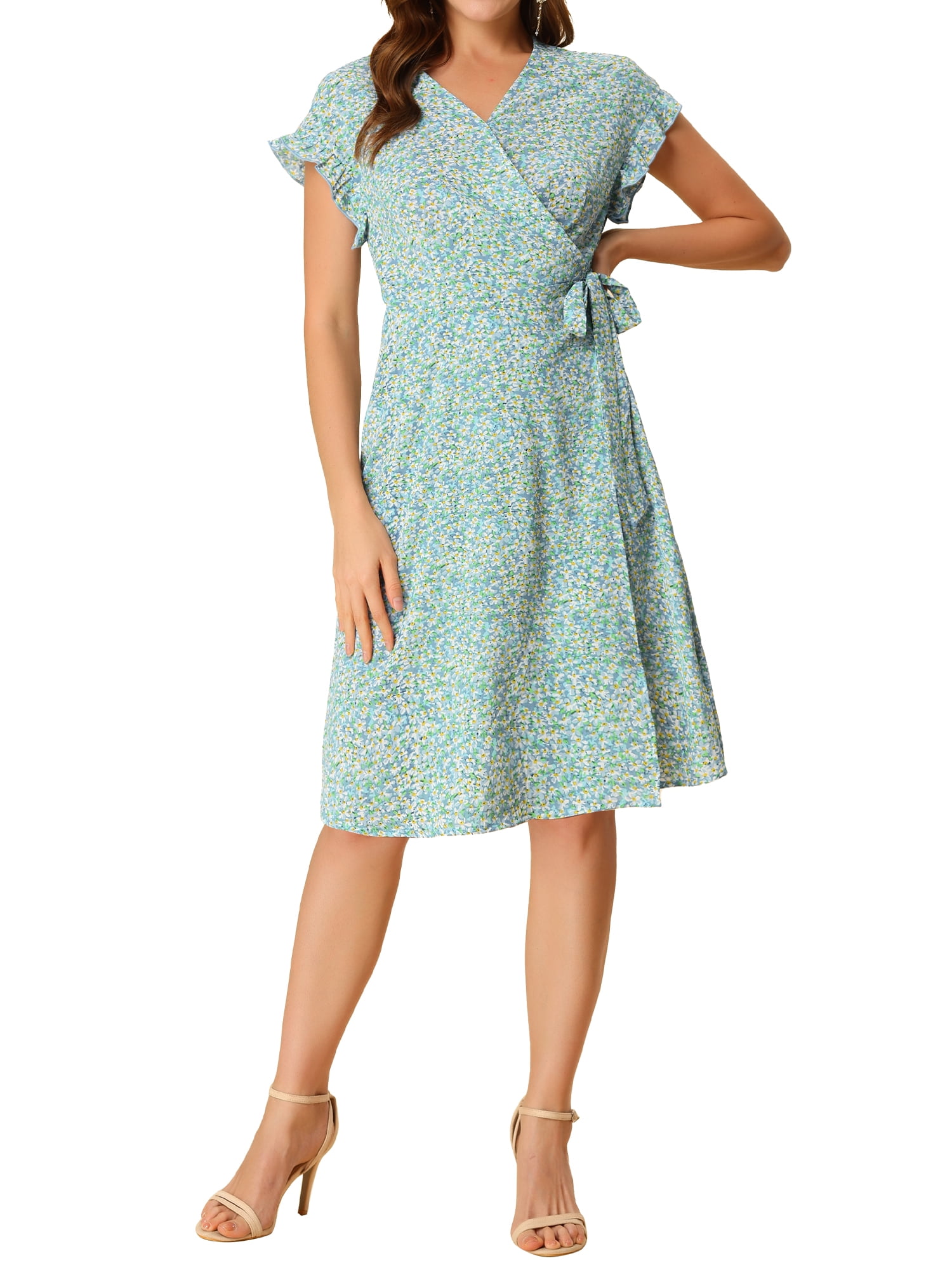 MODA NOVA Juniors Floral V Neck Ruffled Flutter Sleeve Belt Wrap Midi ...