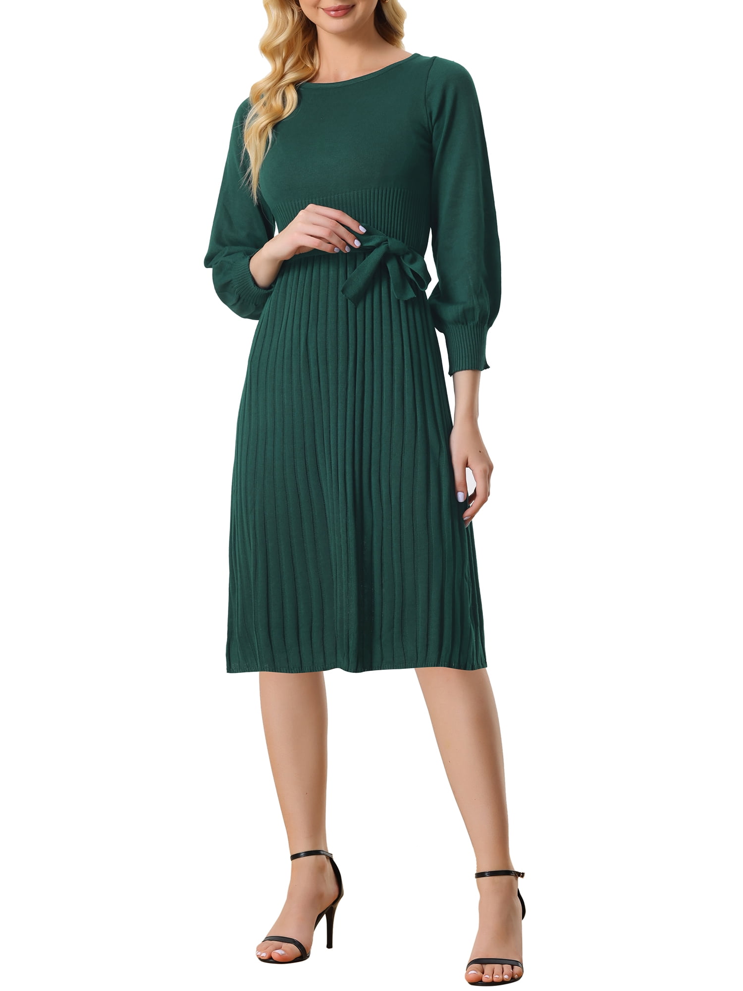 MODA NOVA Juniors’s Knit Belted Dress Crew Neck Lantern Sleeves Casual ...