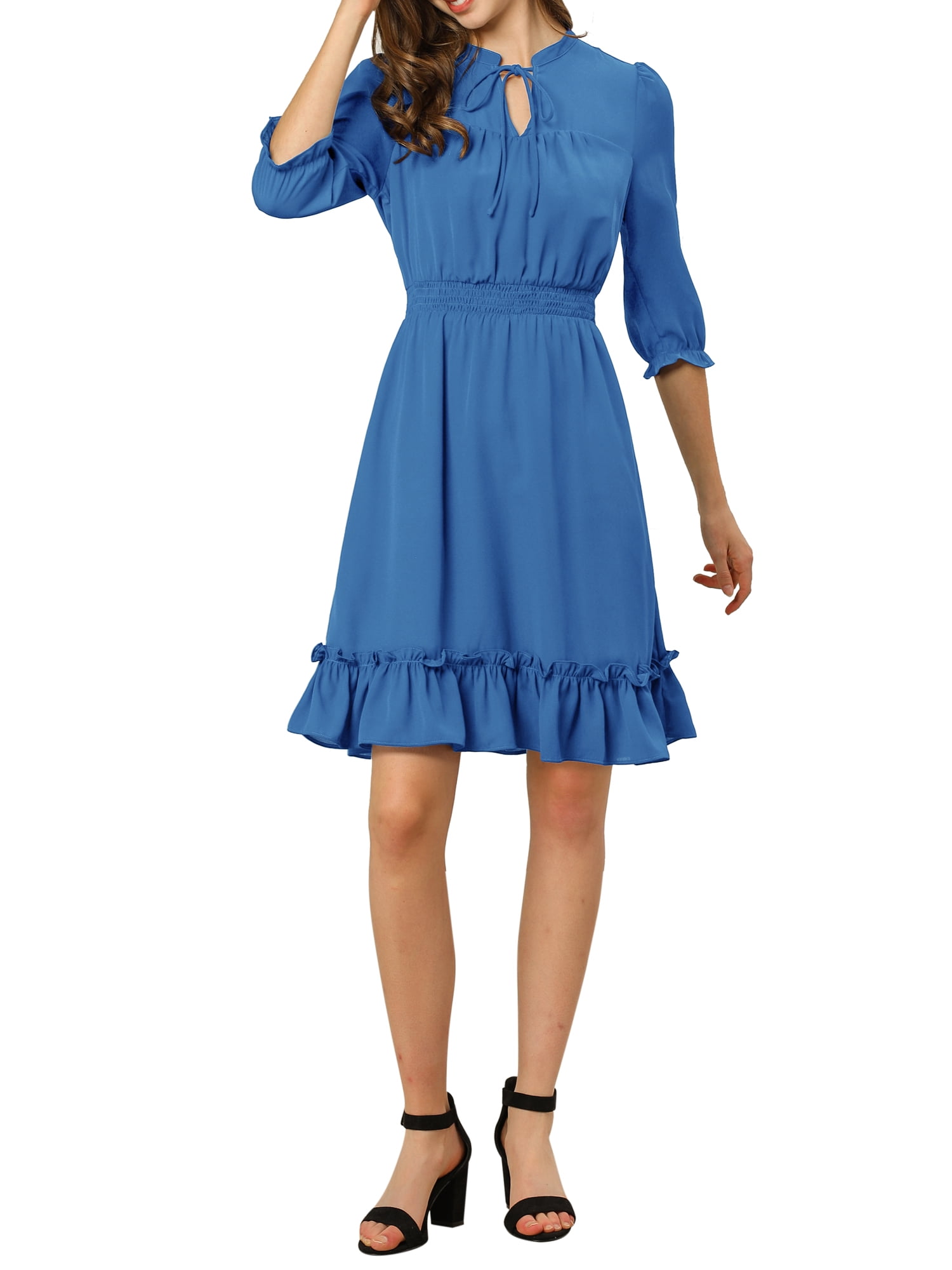 MODA NOVA Juniors Layered Ruffle Hem 3/4 Sleeves Smocked A-Line Chiffon ...