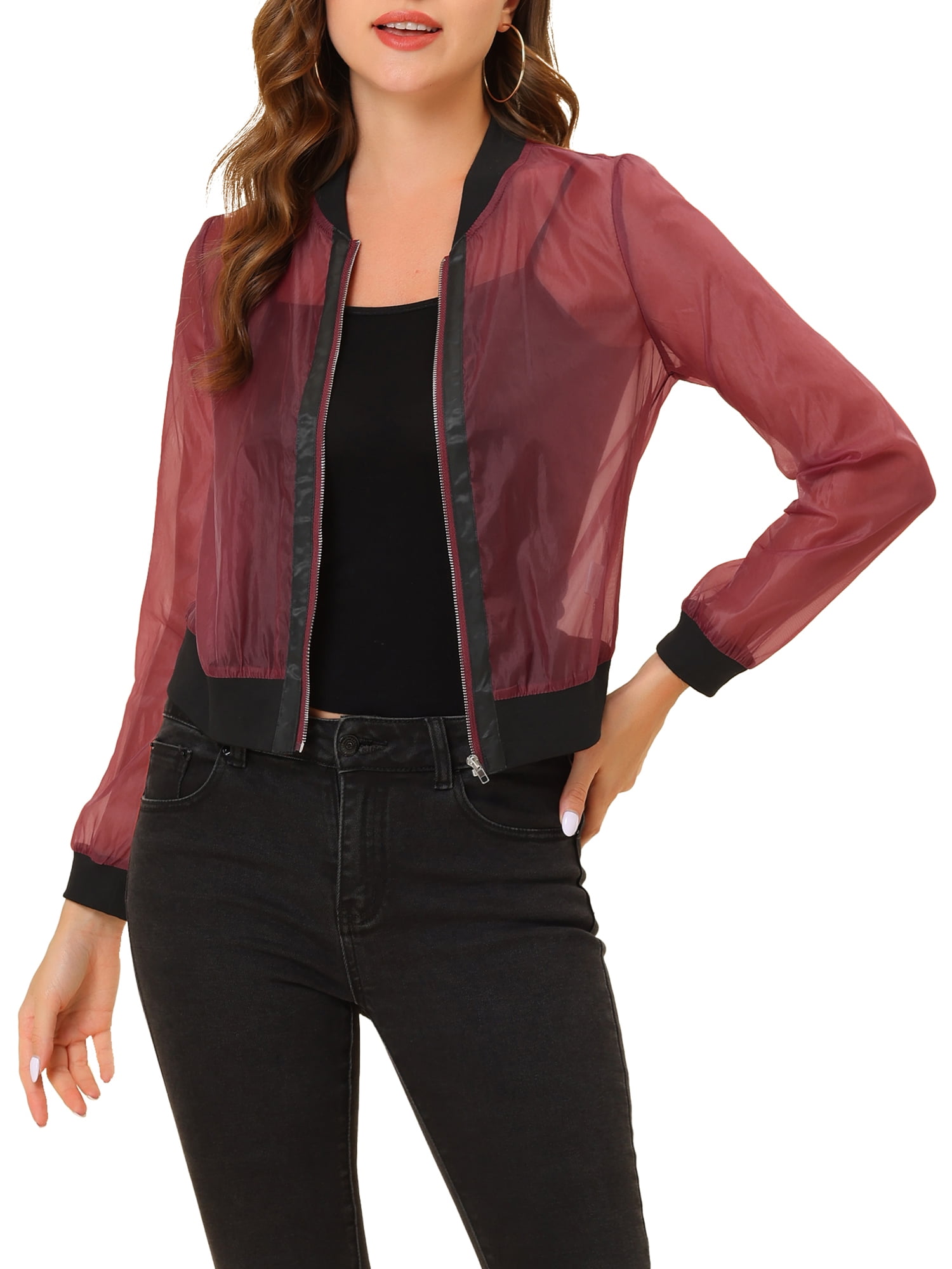 MODA NOVA Juniors Long Sleeves Zip Up See Through Lightweight Bomber ...