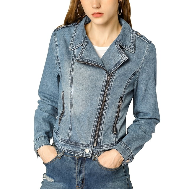 MODA NOVA Juniors Notched Lapel Long Sleeves Asymmetric Zip Moto Denim ...