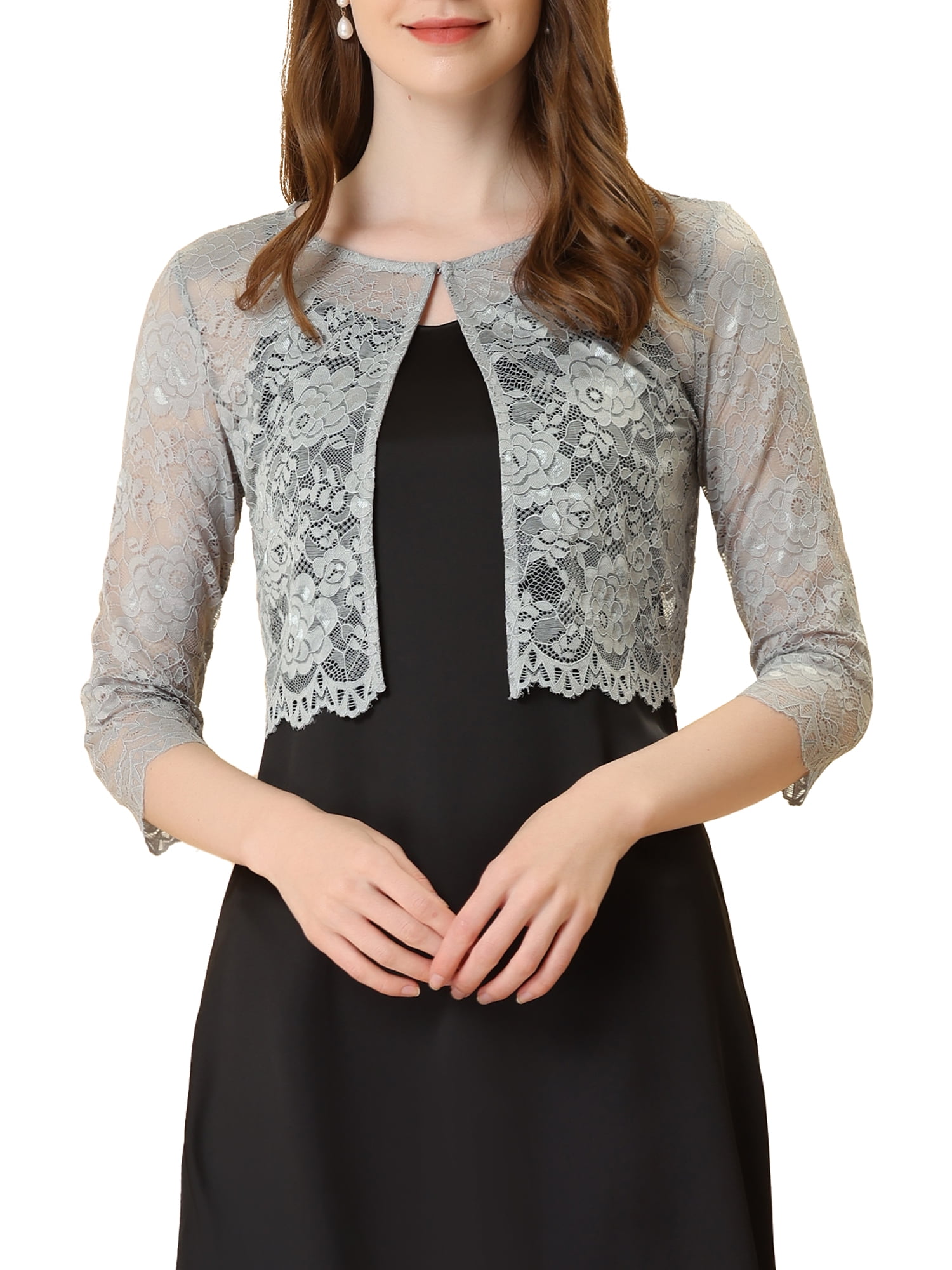 MODA NOVA Juniors Open Front 3/4 Sleeve Sheer Floral Lace Cropped Shrug ...