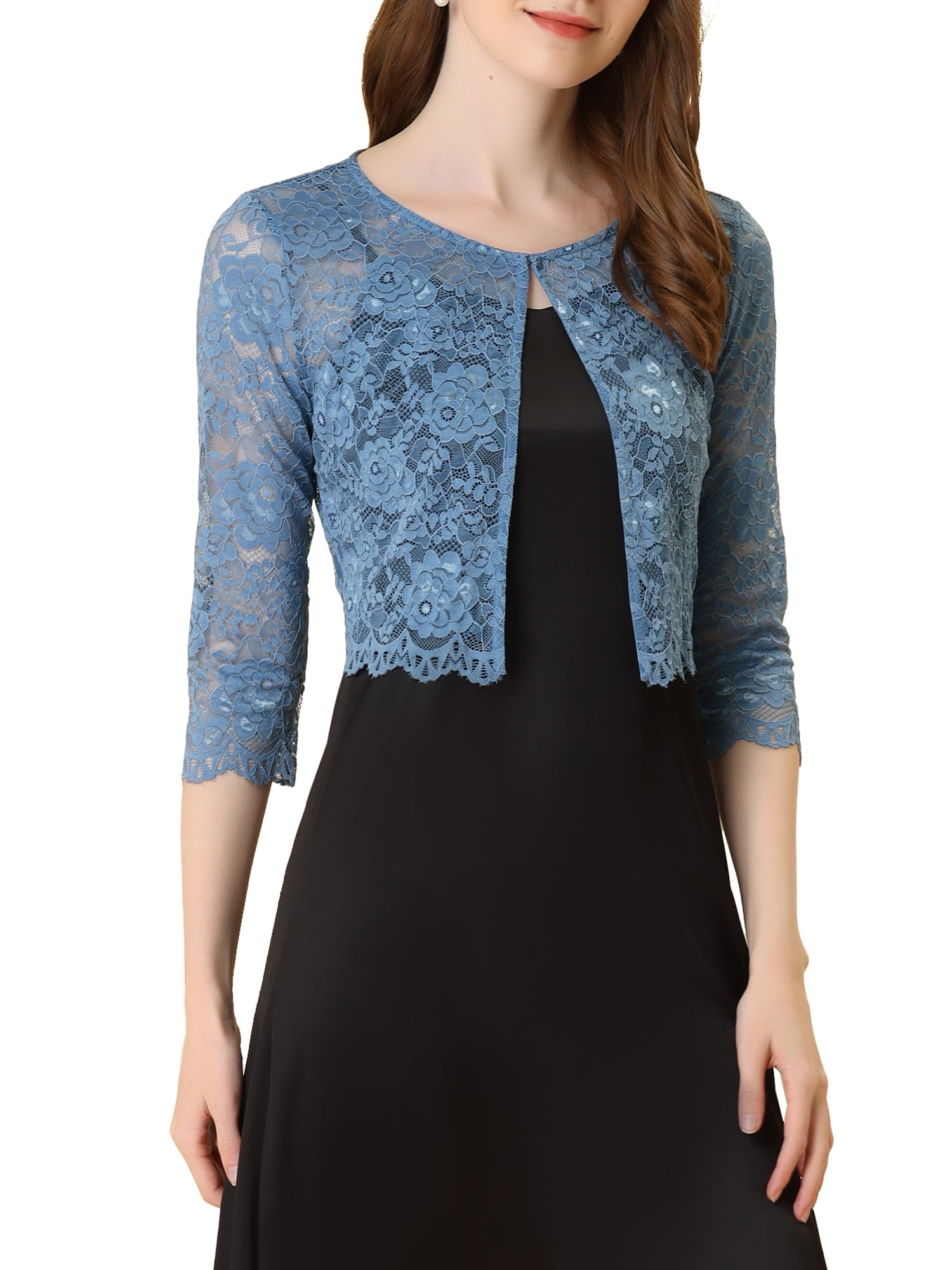 MODA NOVA Juniors Open Front 3/4 Sleeve Sheer Floral Lace Cropped Shrug ...